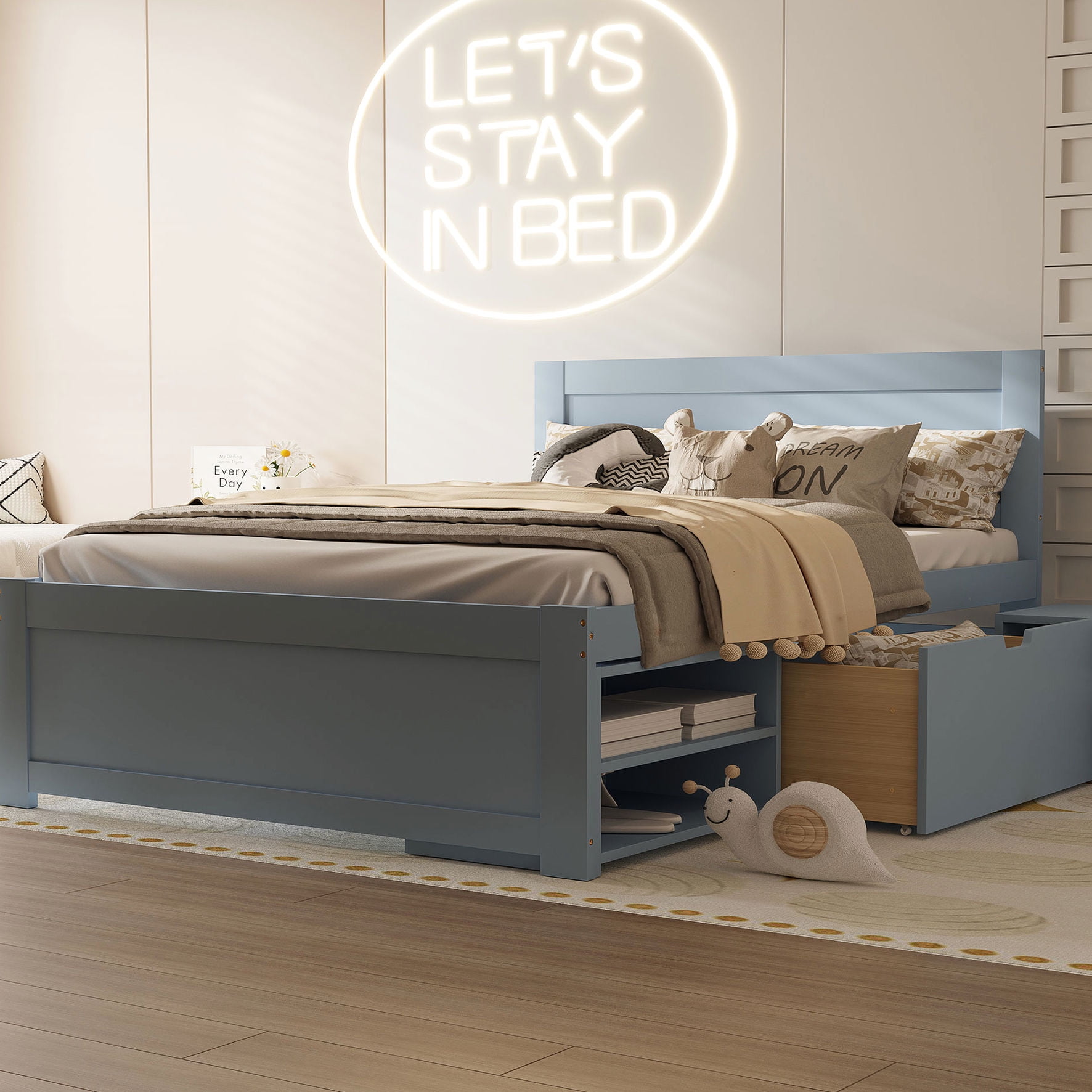 Full size, gray MDF + LVL platform bed - Sturdy frame and quiet ...