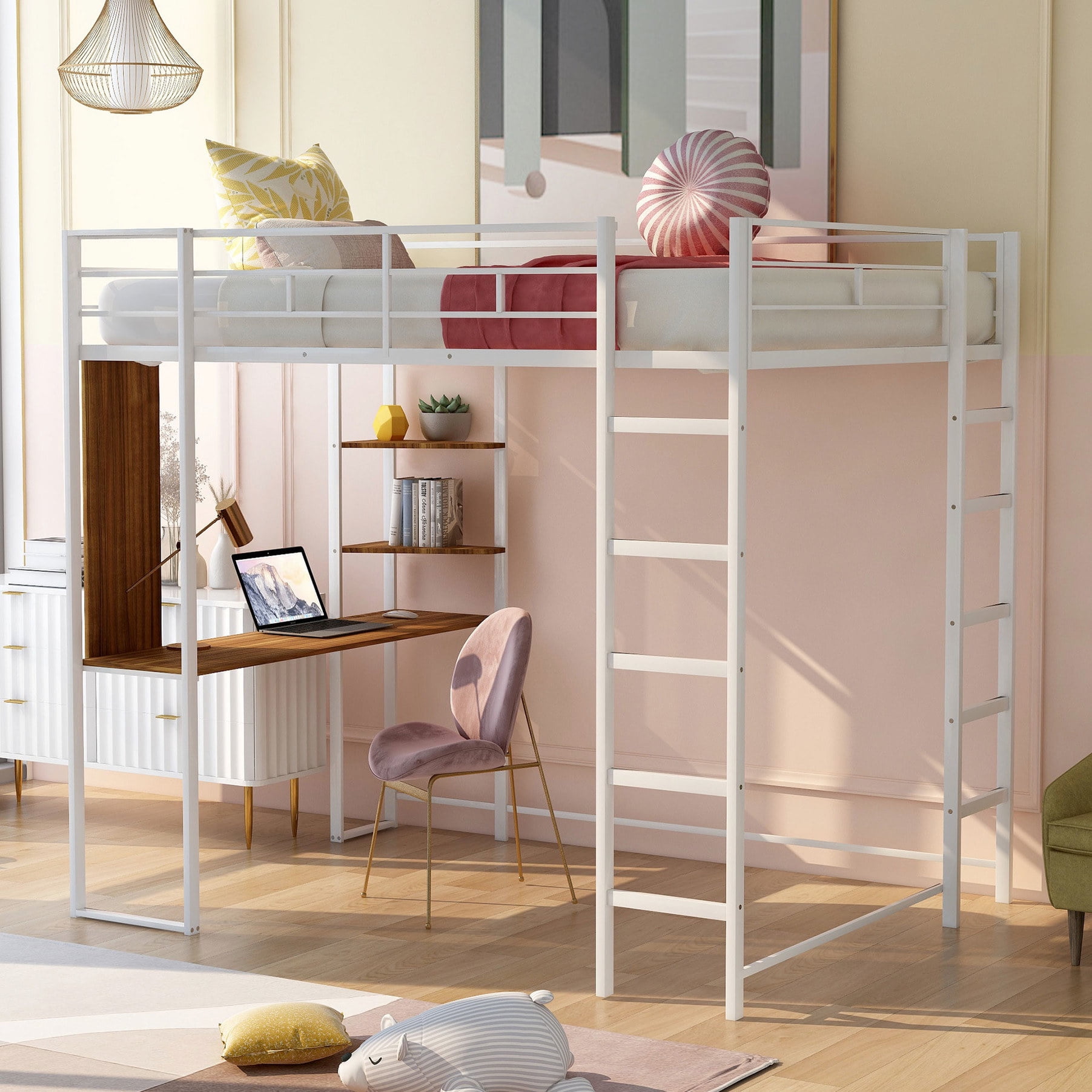Full size metal loft bed having integrated desk and shelves for ...