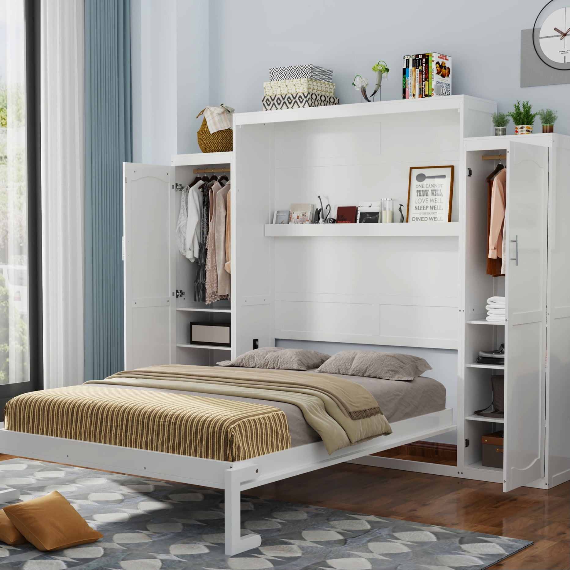 Full-size white Murphy bed with two large wardrobes - Convenient ...