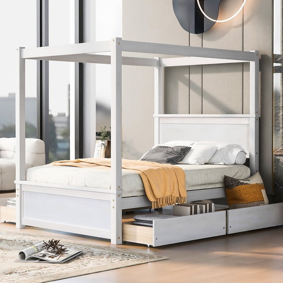 Full size wooden canopy bed with brushed finish and top canopy rails ...