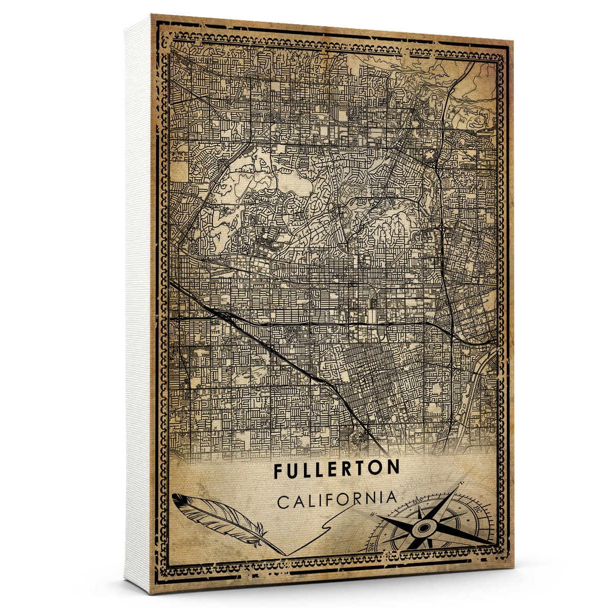 Fullerton Vintage Map Prints Canvas, California Map Art Canvas, Canvas ...
