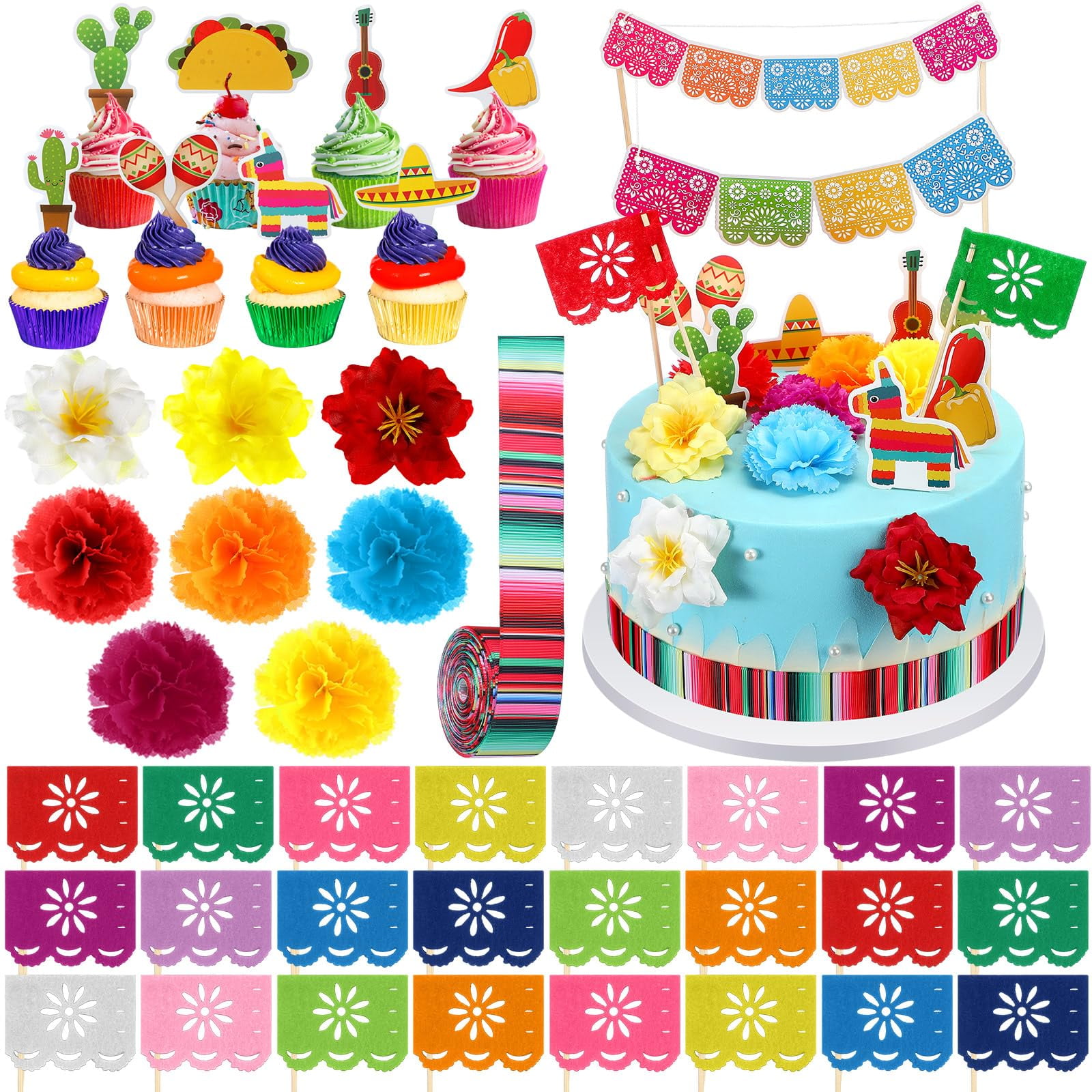 Fullhawl 58 Pcs Mexican Fiesta Cake ITL1 Topper Mini Papel Picado ...