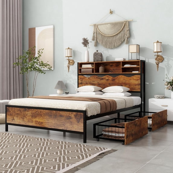Fulljojor Full Size Bed Frame with Bookcase Headboard and Storage ...