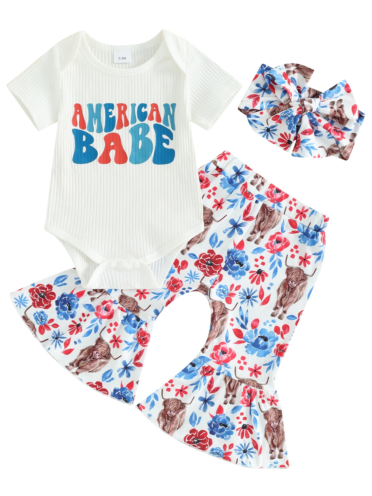Fullvigor 4th of July Baby Girls Ribbed Knit Romper Floral Print ...