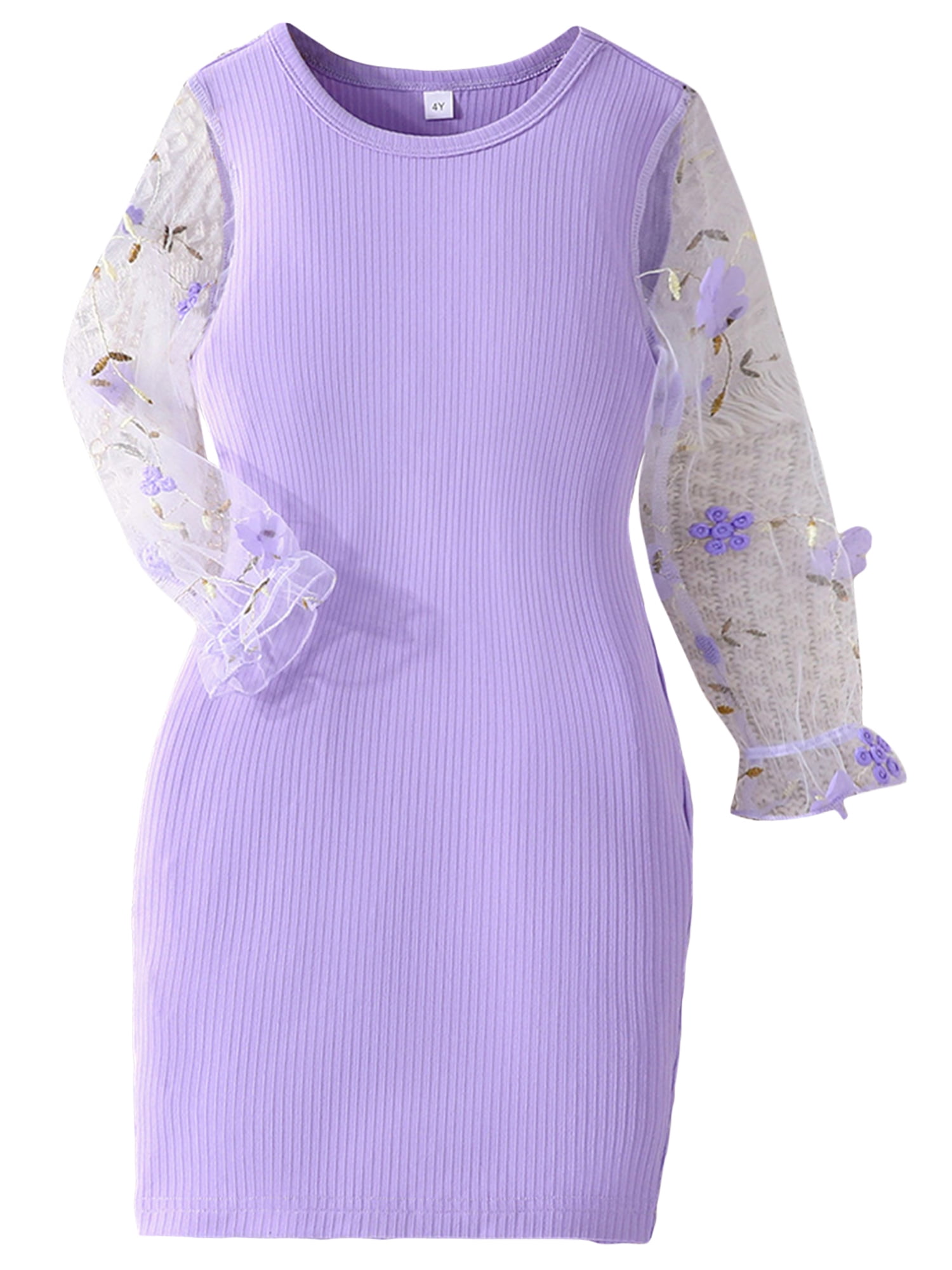 Fullvigor Little Girls Ribbed Knit Dress Mesh Flower Long Sleeve ...