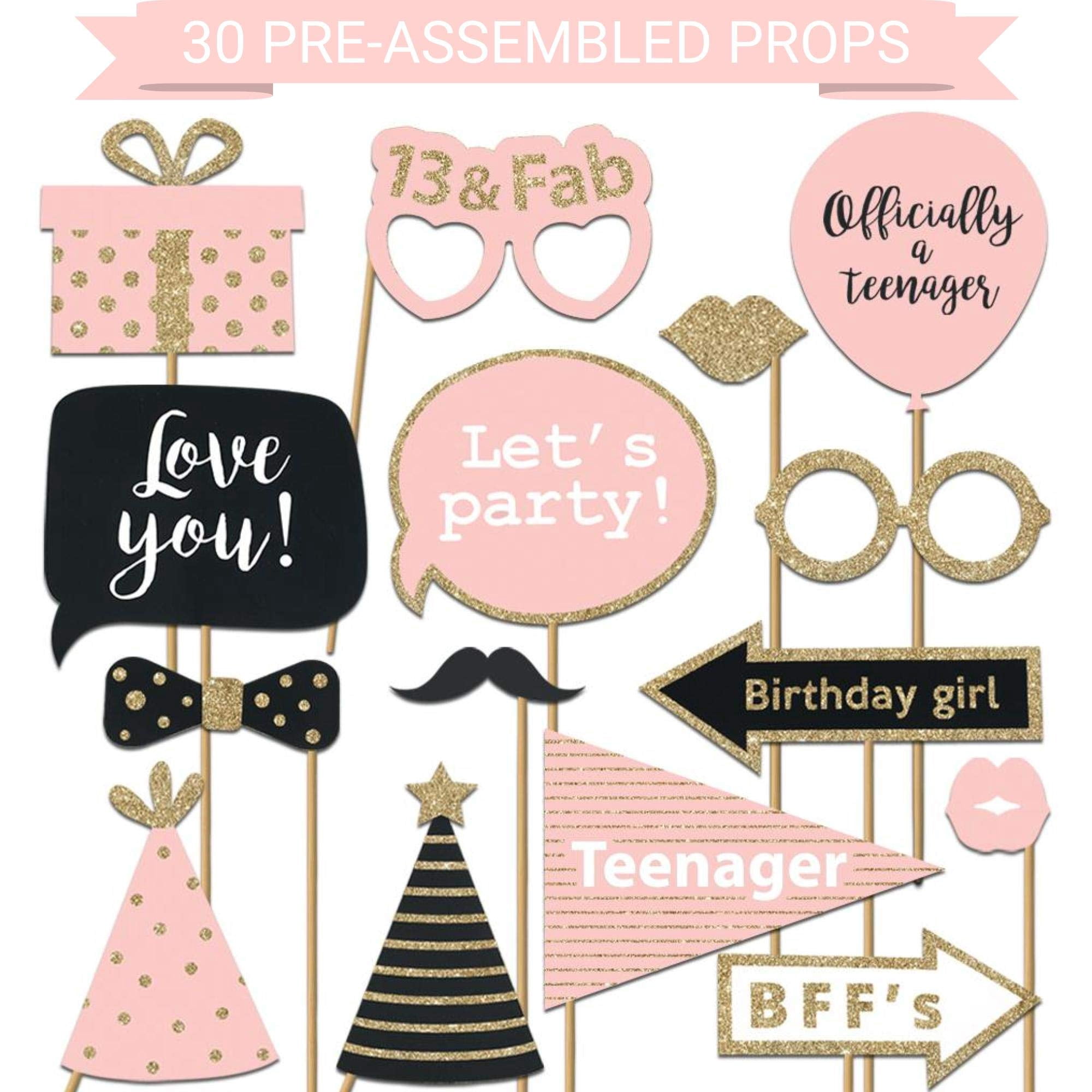 Fully Assembled 13th Birthday Photo Booth Props - Set of 30 - Pink ...
