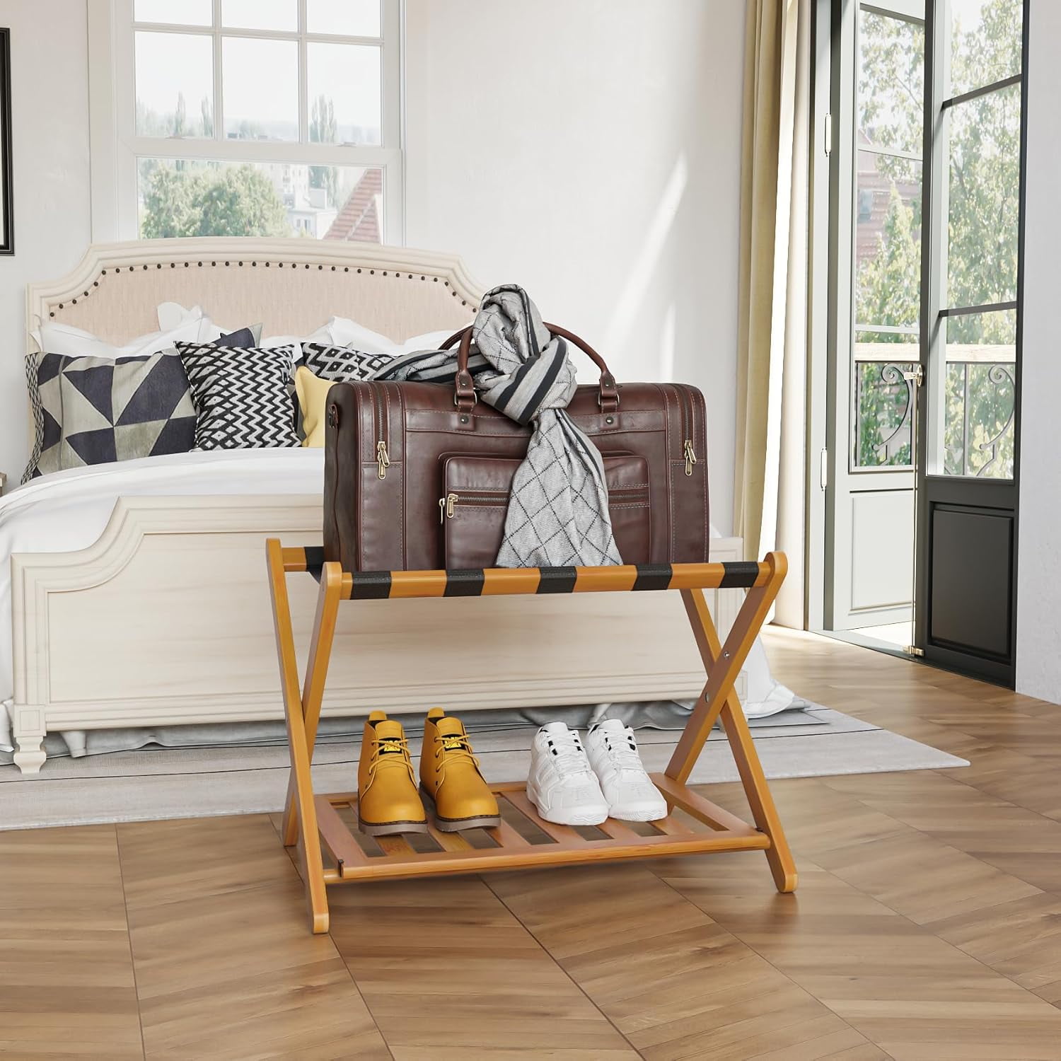 Fully Assembled Bamboo Luggage Rack, Folding Suitcase Stand with ...