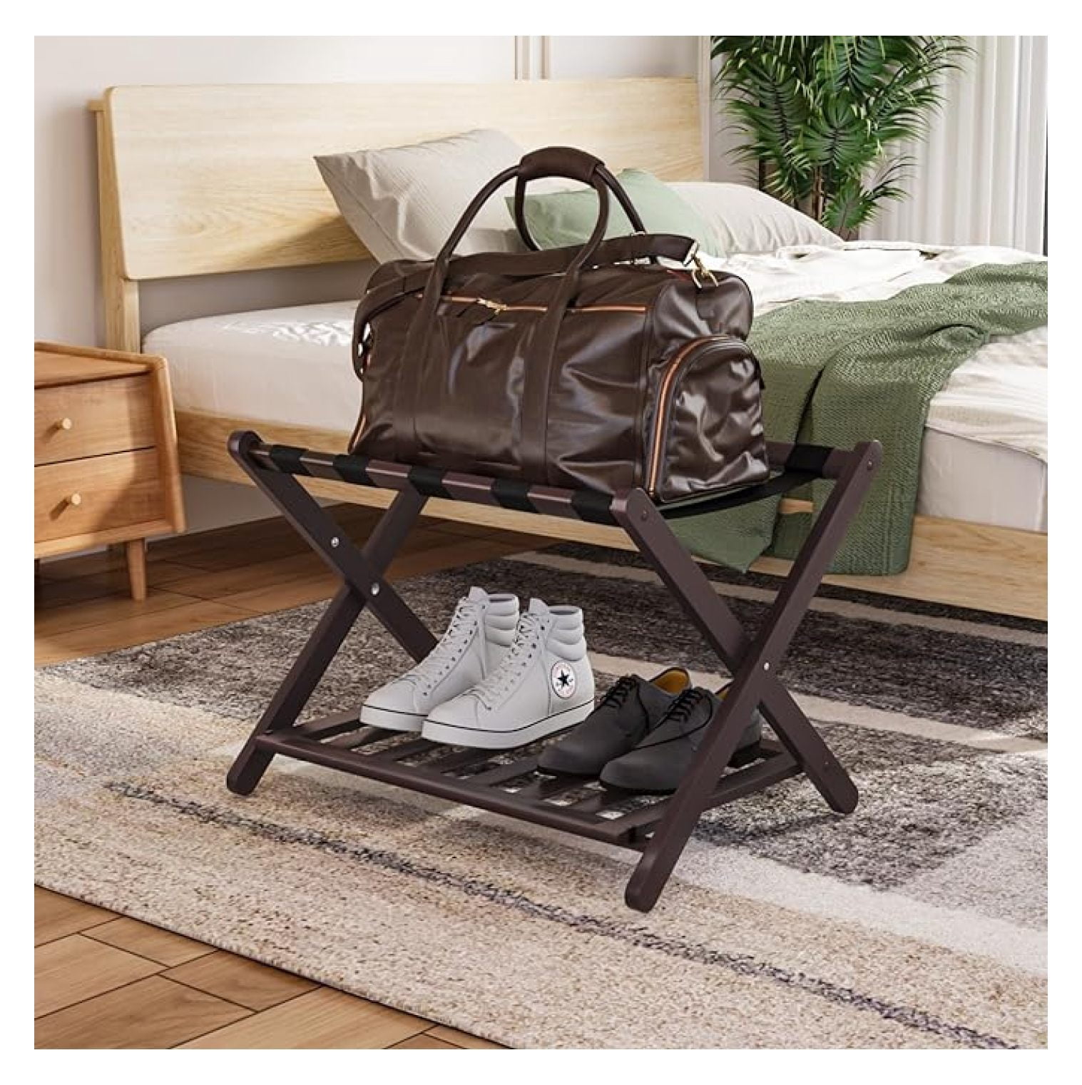 Fully Assembled Brown Luggage Rack, Upgraded Bamboo Foldable Suitcase ...