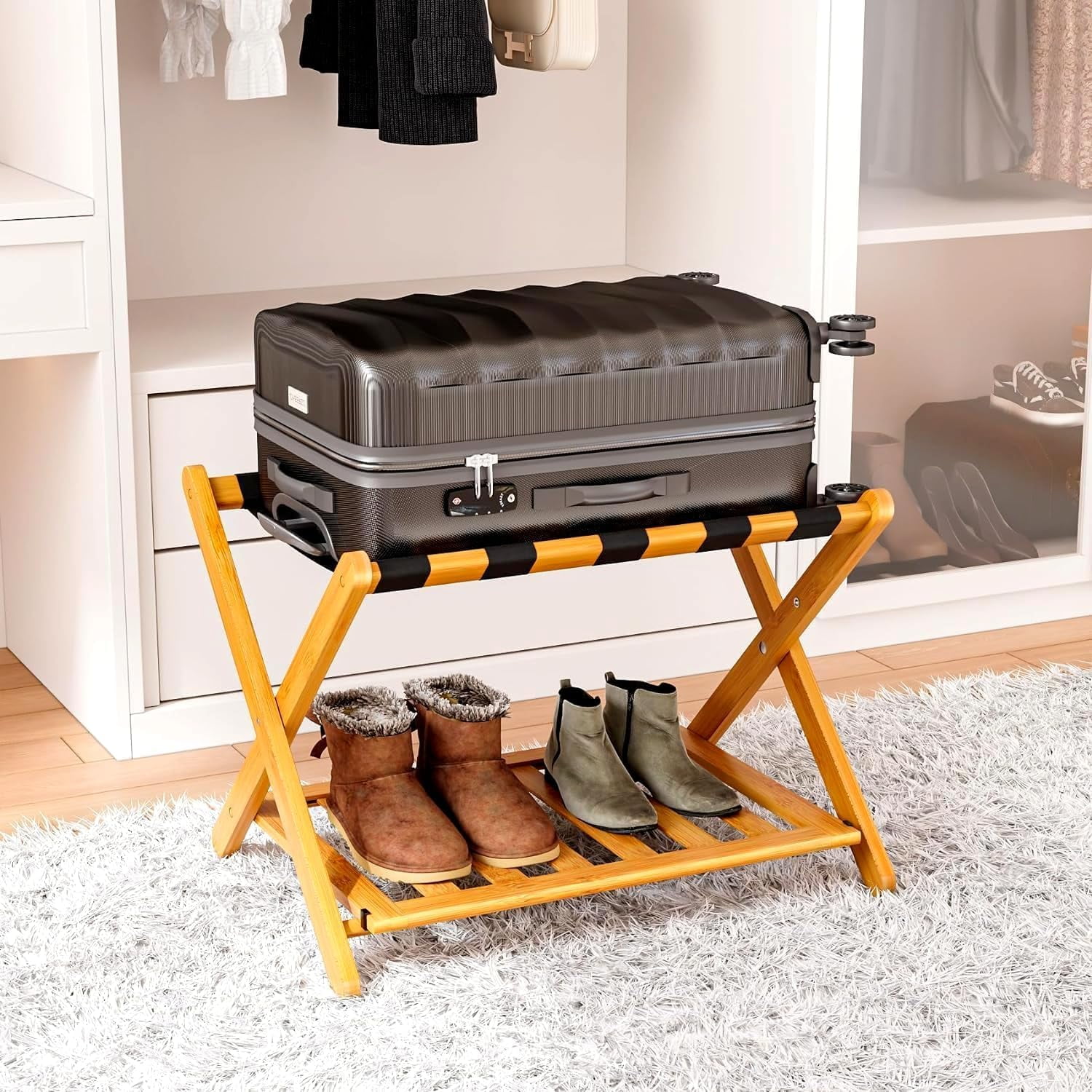 Fully Assembled Honey Oak Bamboo Luggage Rack, 5 Straps Folding ...