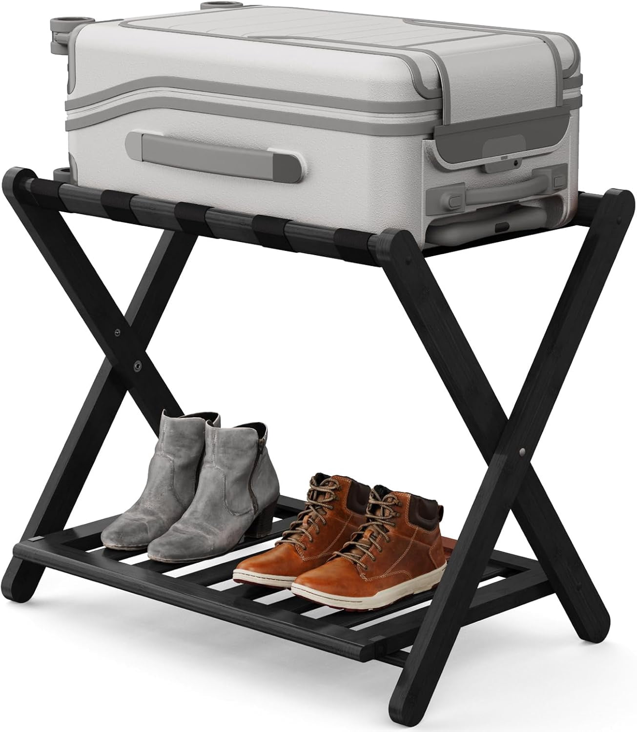 Fully Assembled Luggage Rack, 5 Nylon Straps Folding Suitcase Stand ...