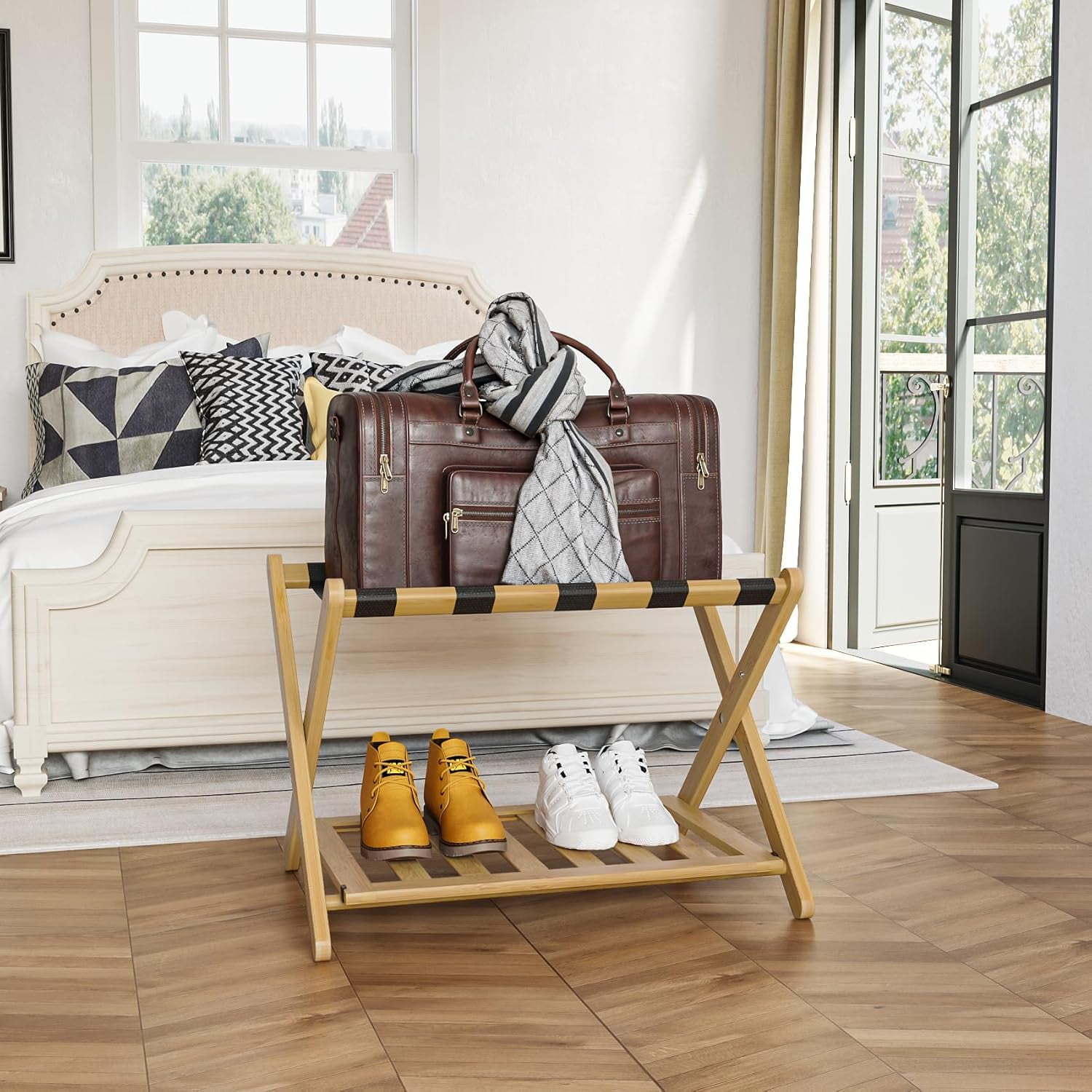 Fully Assembled Luggage Rack, Folding Suitcase Stand with Storage Shelf ...