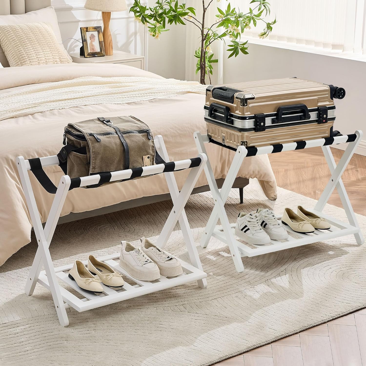 Fully Assembled Luggage Racks Pack of 2, Upgraded Bamboo Foldable Suitcase Stand with 5 Nylon ...