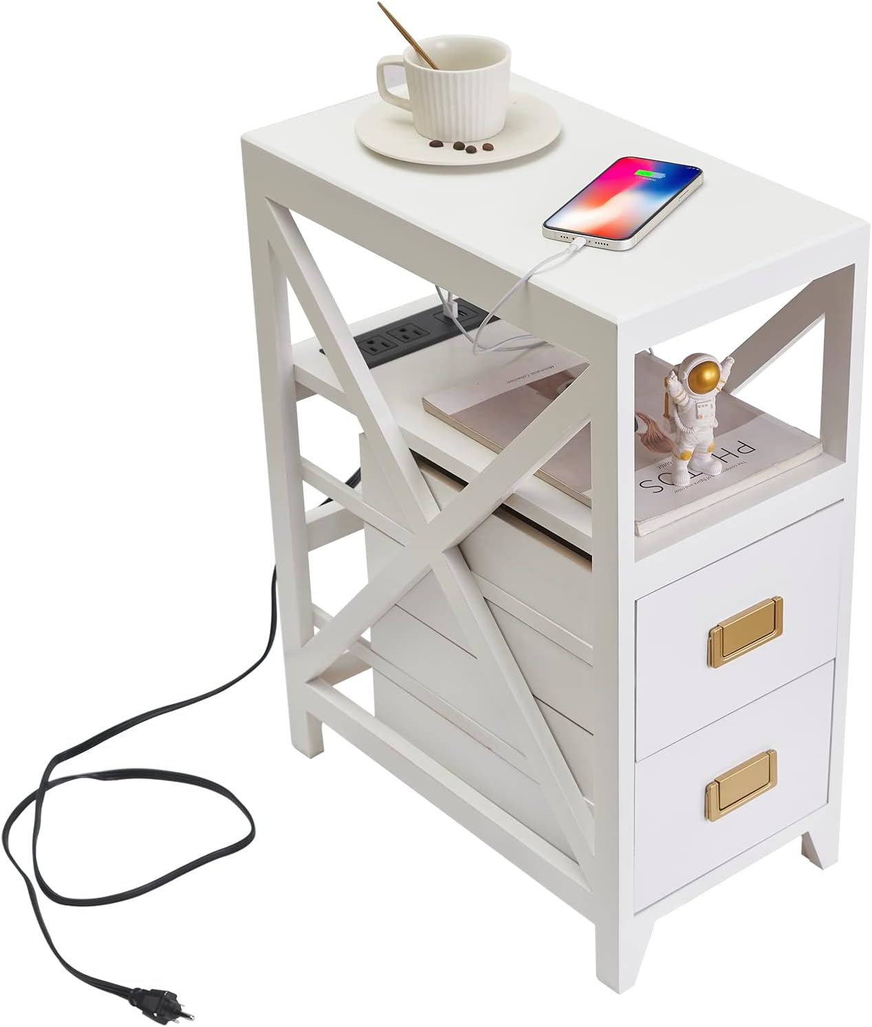 Fully Assembled Narrow Side Table with Charging Station, No Assembly ...