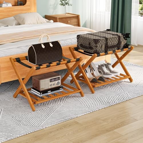 Fully Assembled Walnut Luggage Rack, Upgraded Bamboo Foldable Suitcase ...