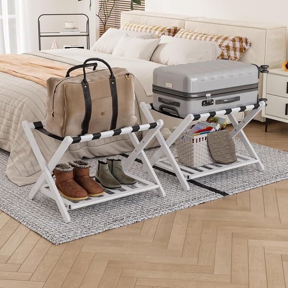 Fully Assembled Walnut Luggage Racks Set of 2 5 Nylon Straps Folding ...