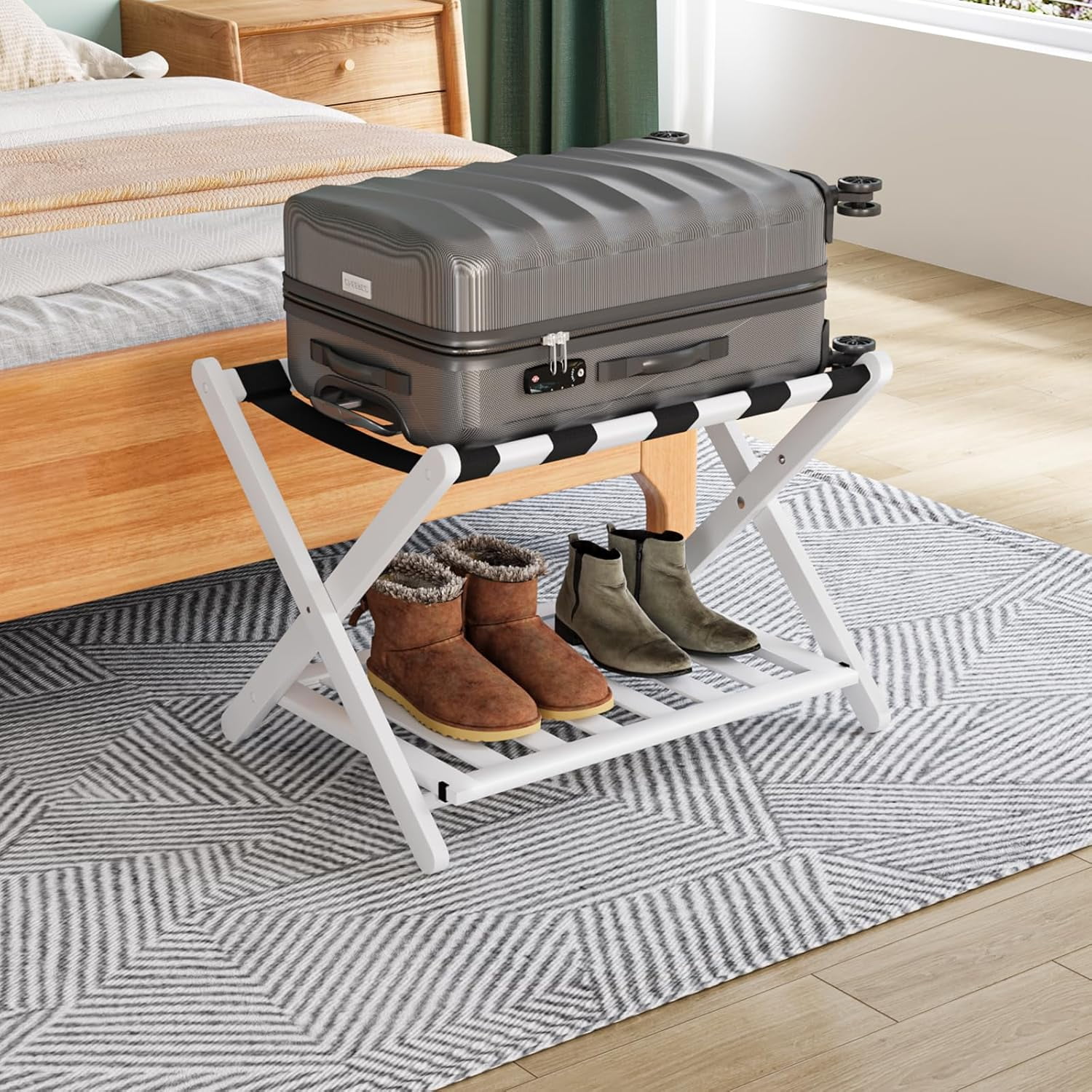 Fully Assembled White Luggage Rack, Upgraded Bamboo Foldable Suitcase ...