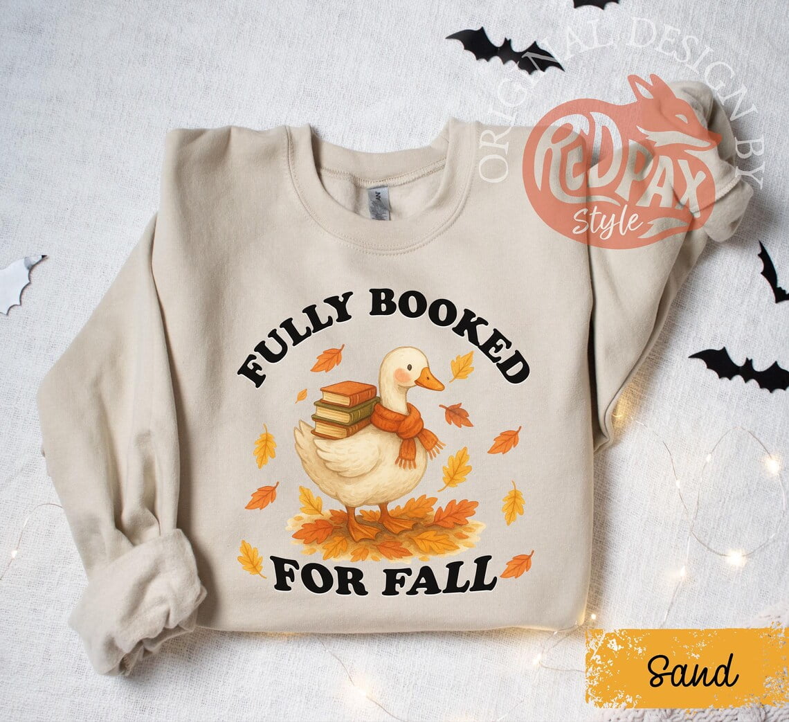 Fully Booked For Fall Sweatshirt, Cozy Goose Autumn Book Lover Crewneck ...