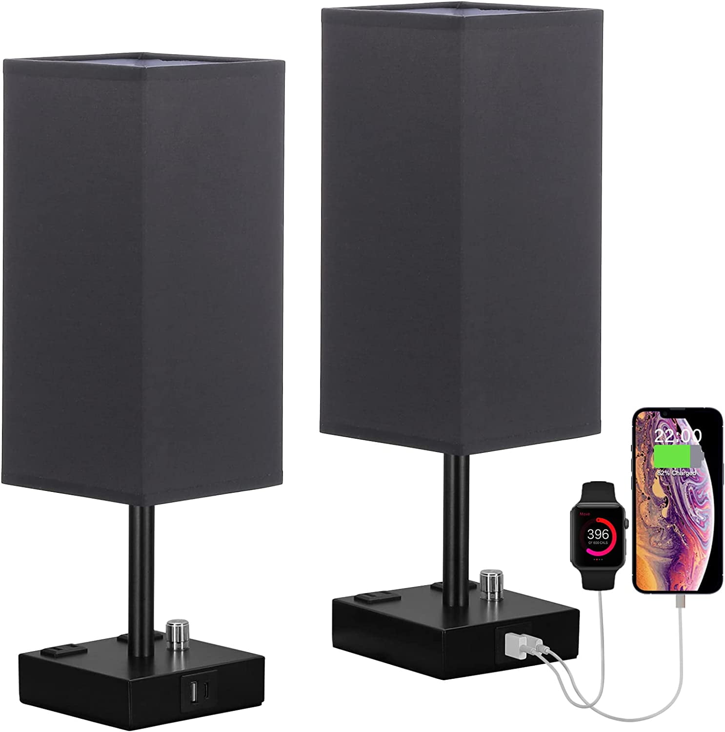 Fully Dimmable Nightstand Lamps Set of 2 - Table Bedside Lamp with USB ...