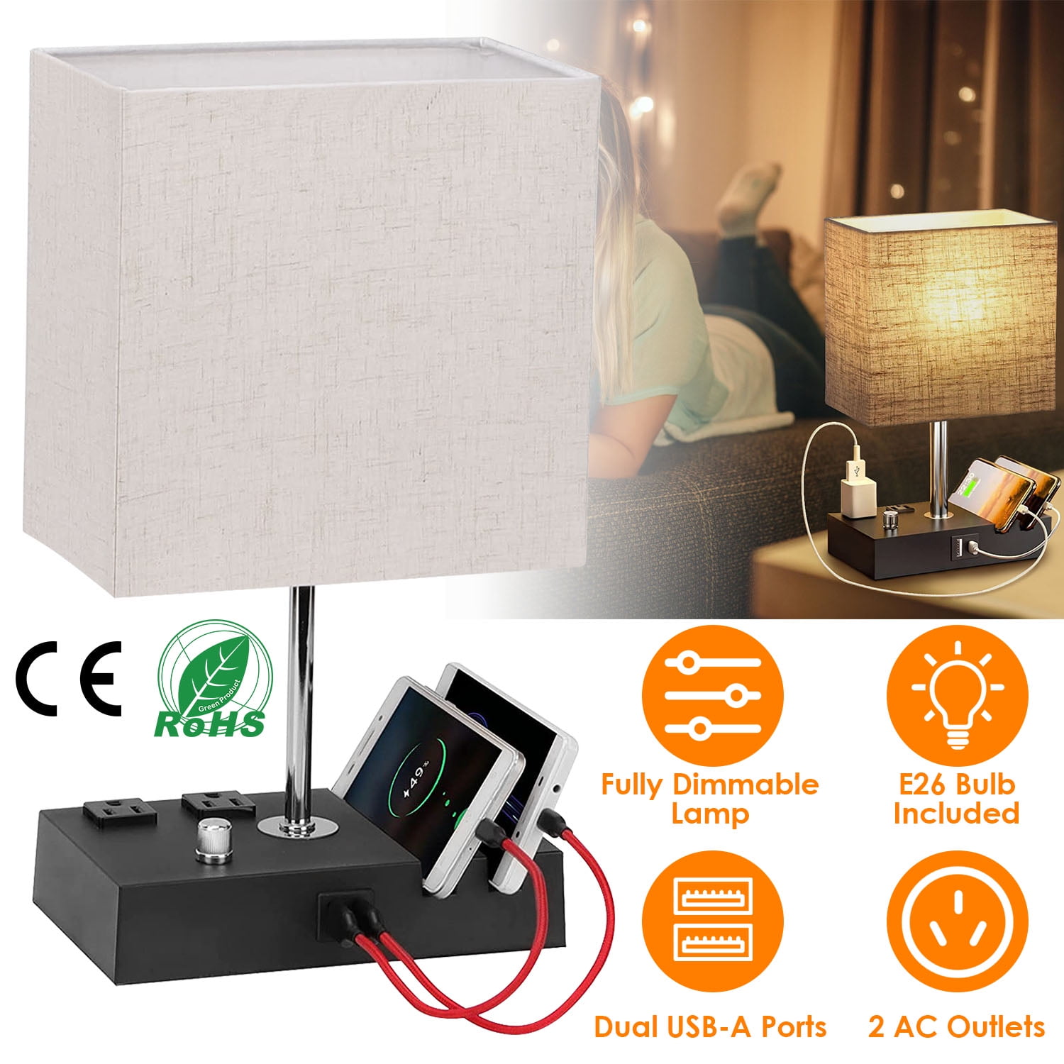 Fully Dimmable Table Lamp with Charging Station 2 Power Outlets Grey ...