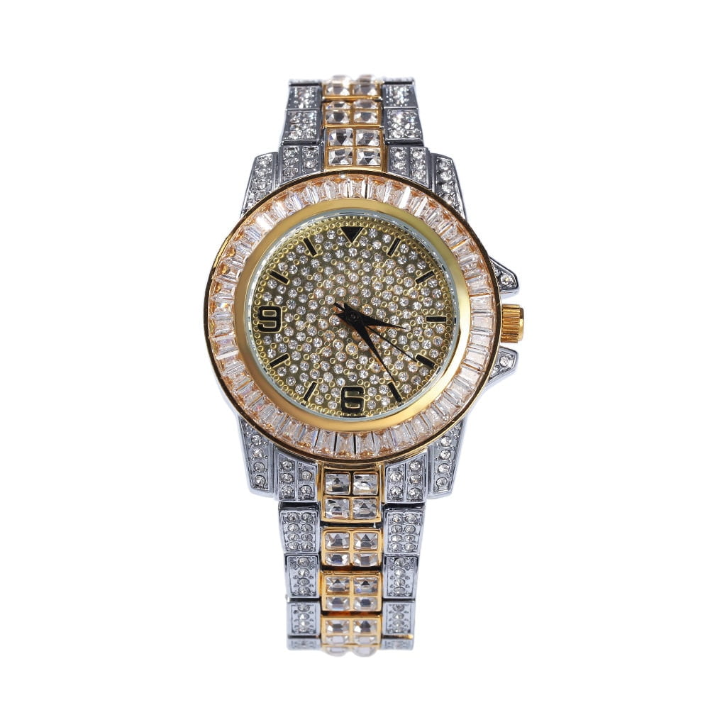 Fully Iced Out Simulated Diamond Bling Stainless Steel Hip Hop 2 Tone ...