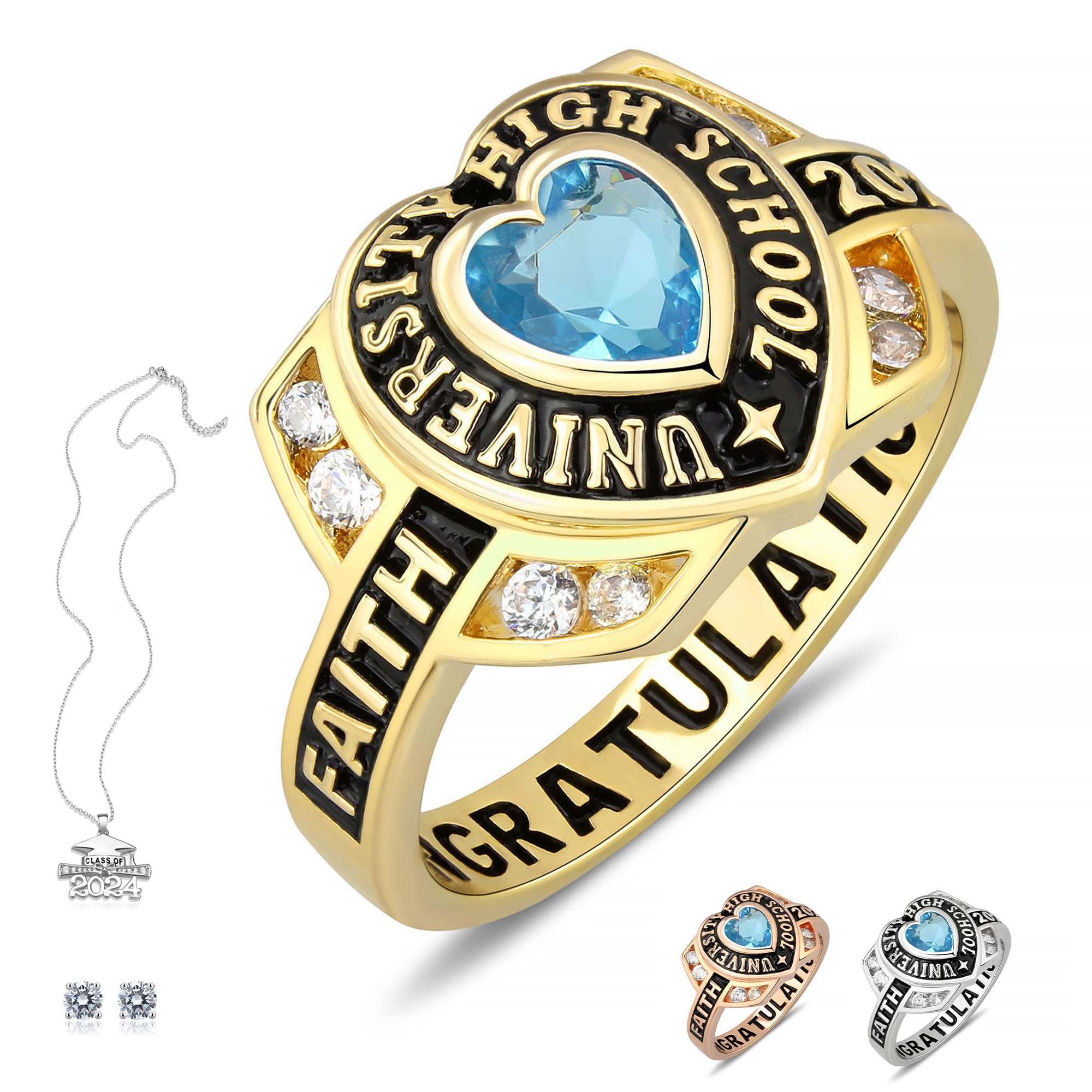 Fully Personalized Customized Heart Wings ring Ladies class ring high ...