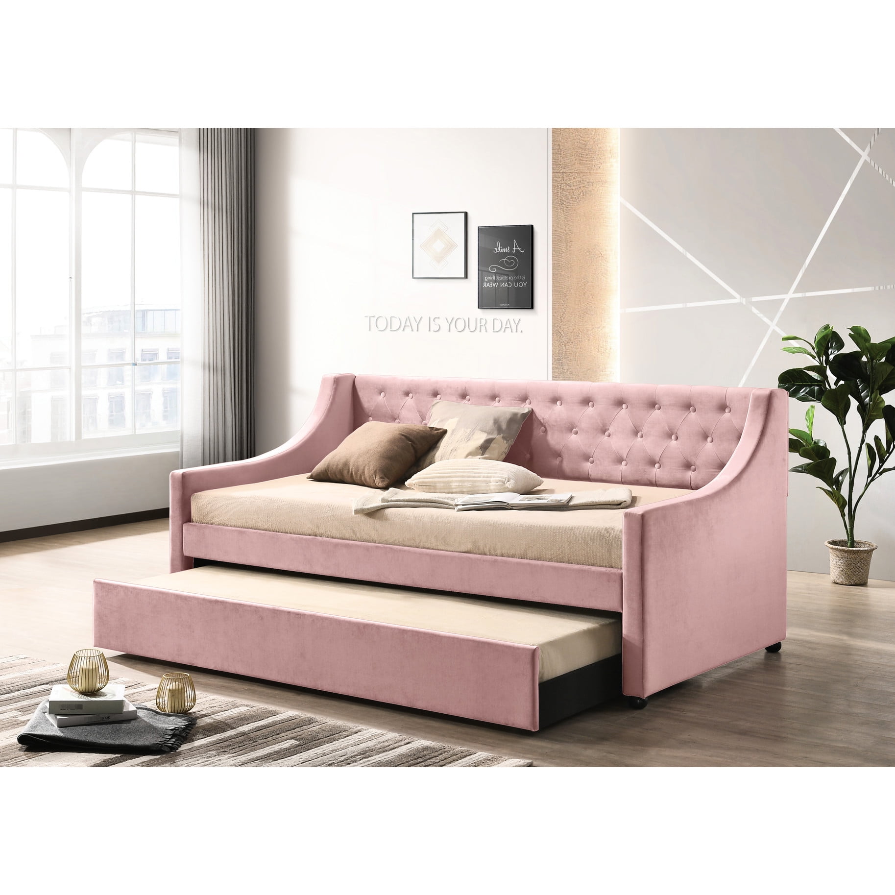 Fully Upholstered Twin Daybed In Pink Velvet - Trundle, No Box Spring ...