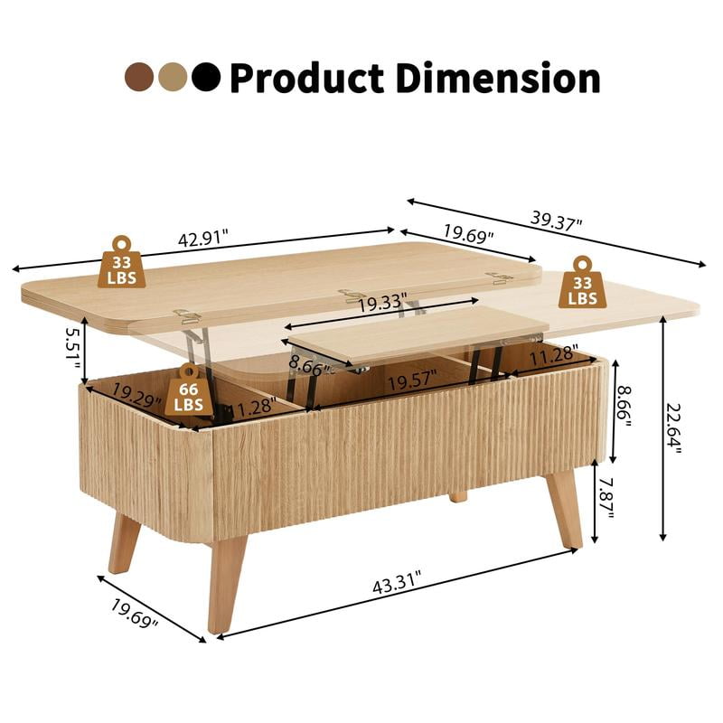 Fully assembled wooden center table, recessed lift coffee table with ...