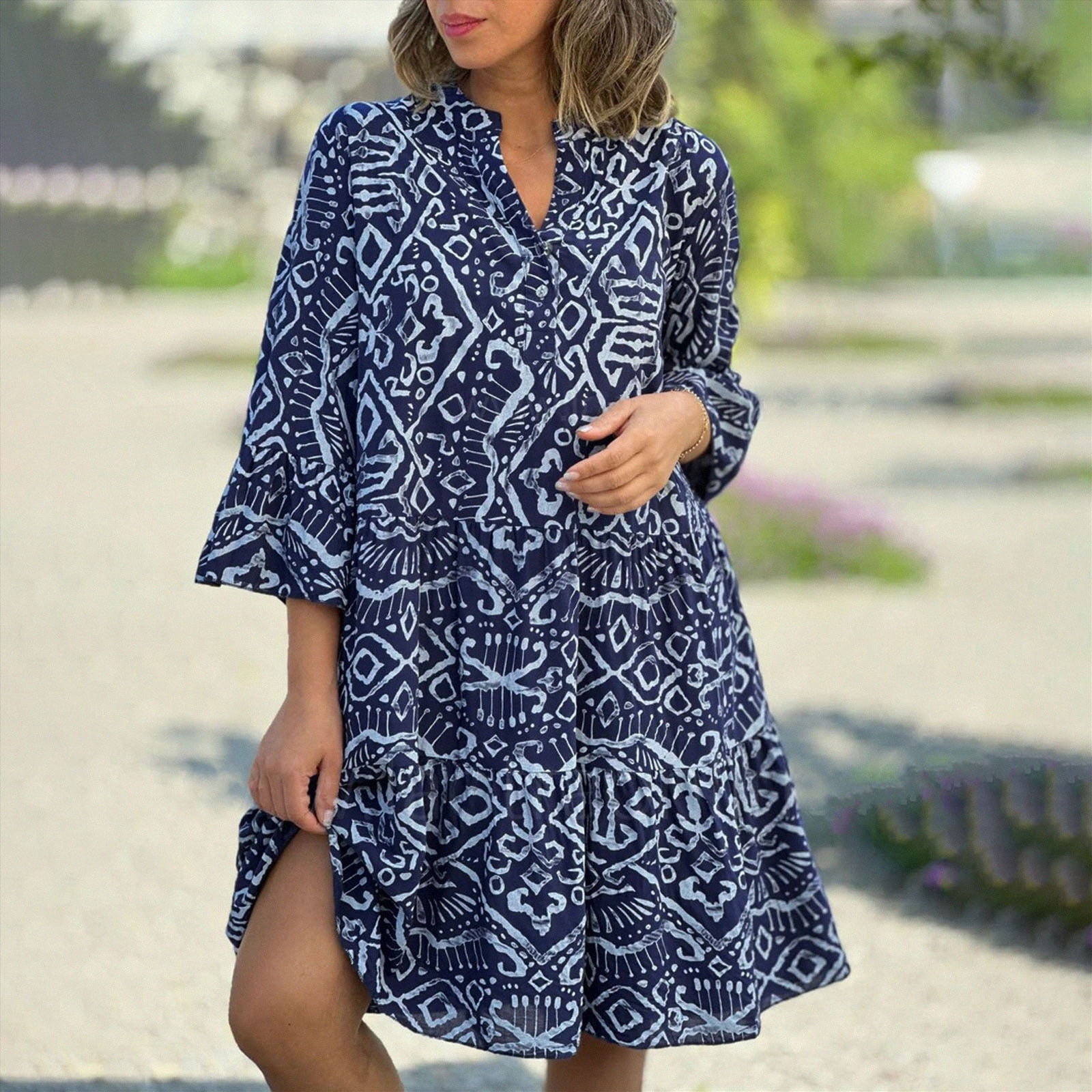 Fulorrnie Dresses for Women 3/4 Sleeve Maxi V Neck Summer Sundress Bell ...