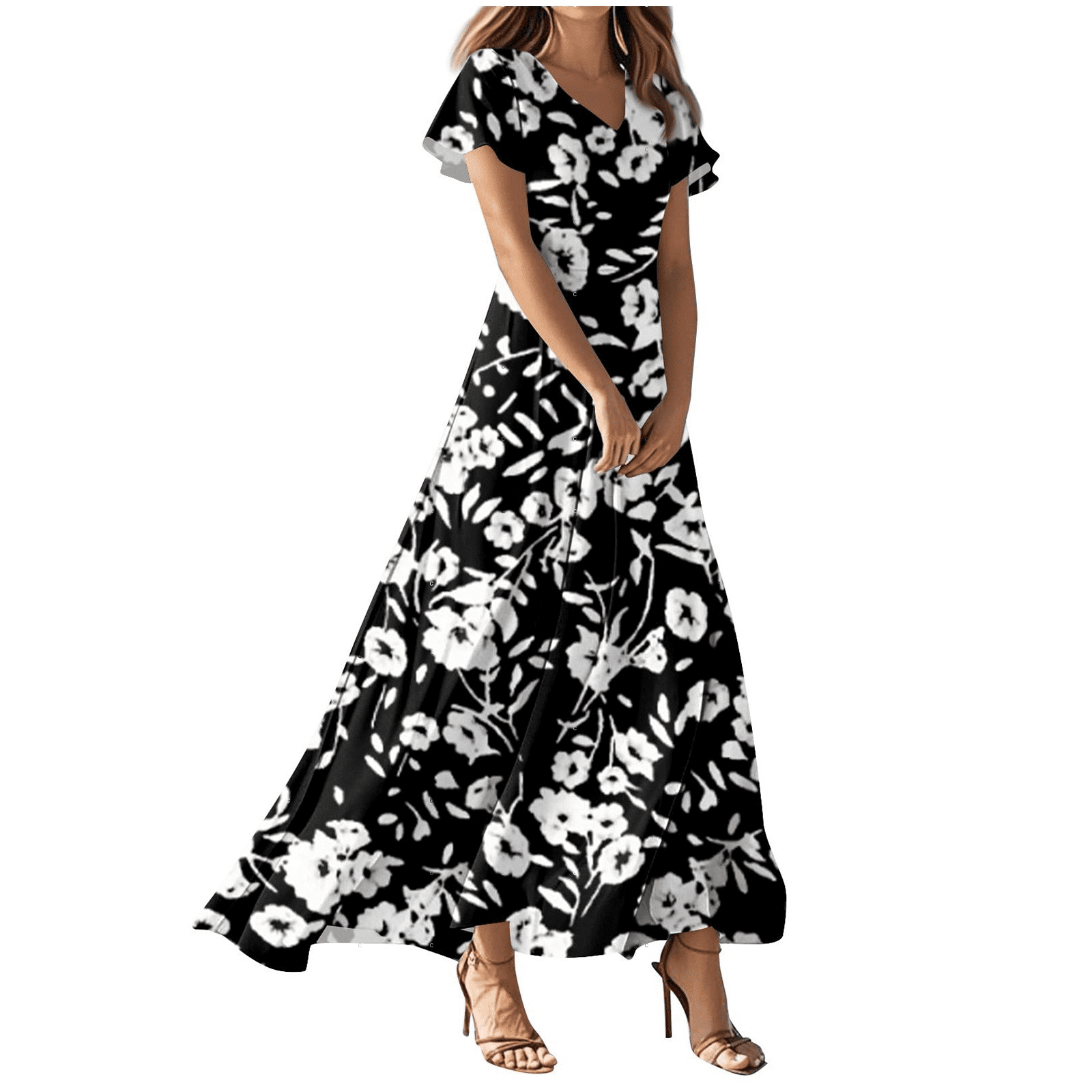 Fulorrnie Dresses for Women Short Sleeve Maxi V Neck Summer A Line ...