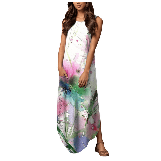 Fulorrnie Dresses for Women Sleeveless Long Summer Shift Plain Sundress ...