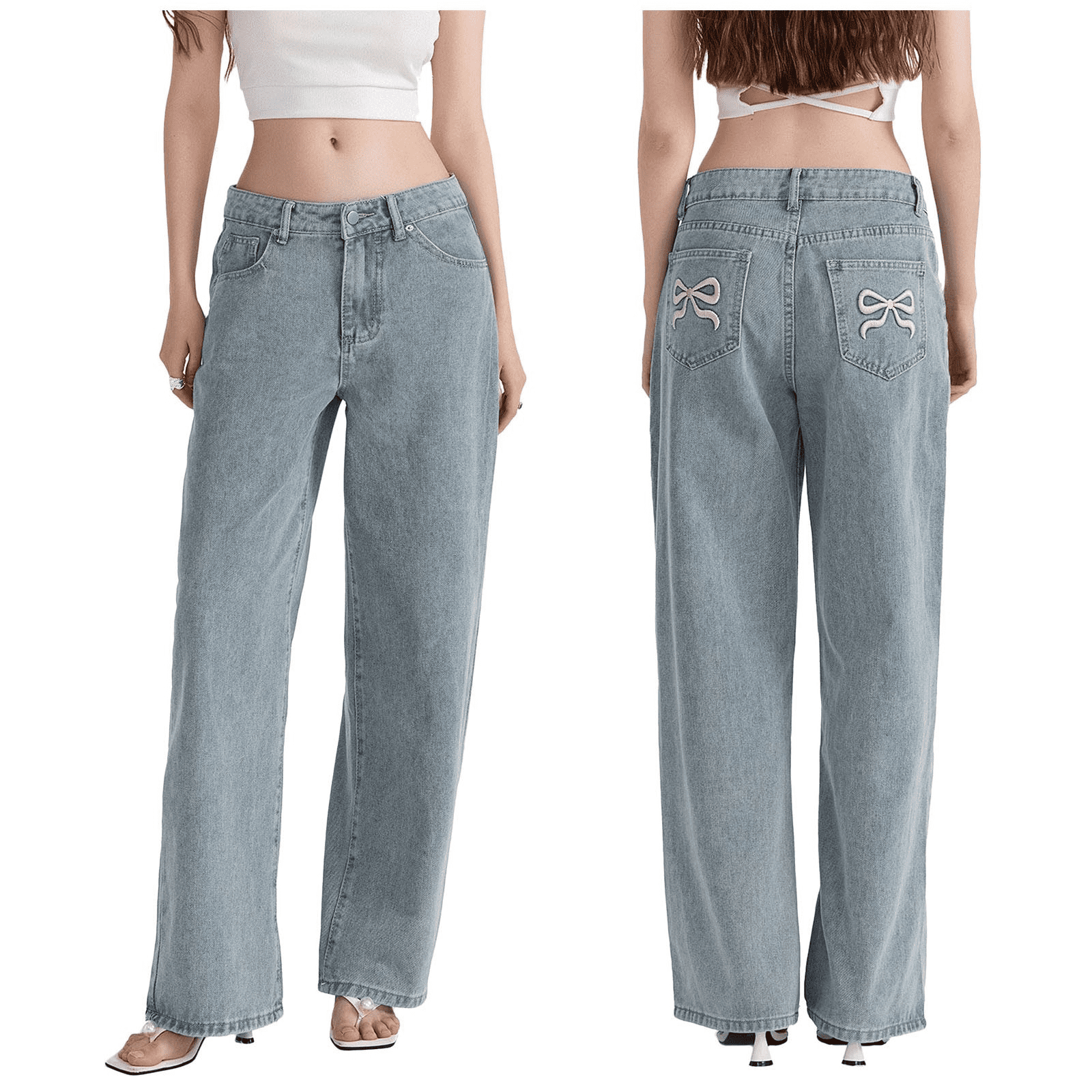 Fulorrnie Jeans for Women Wide Leg Casual Medium Wash Comfort Waist ...