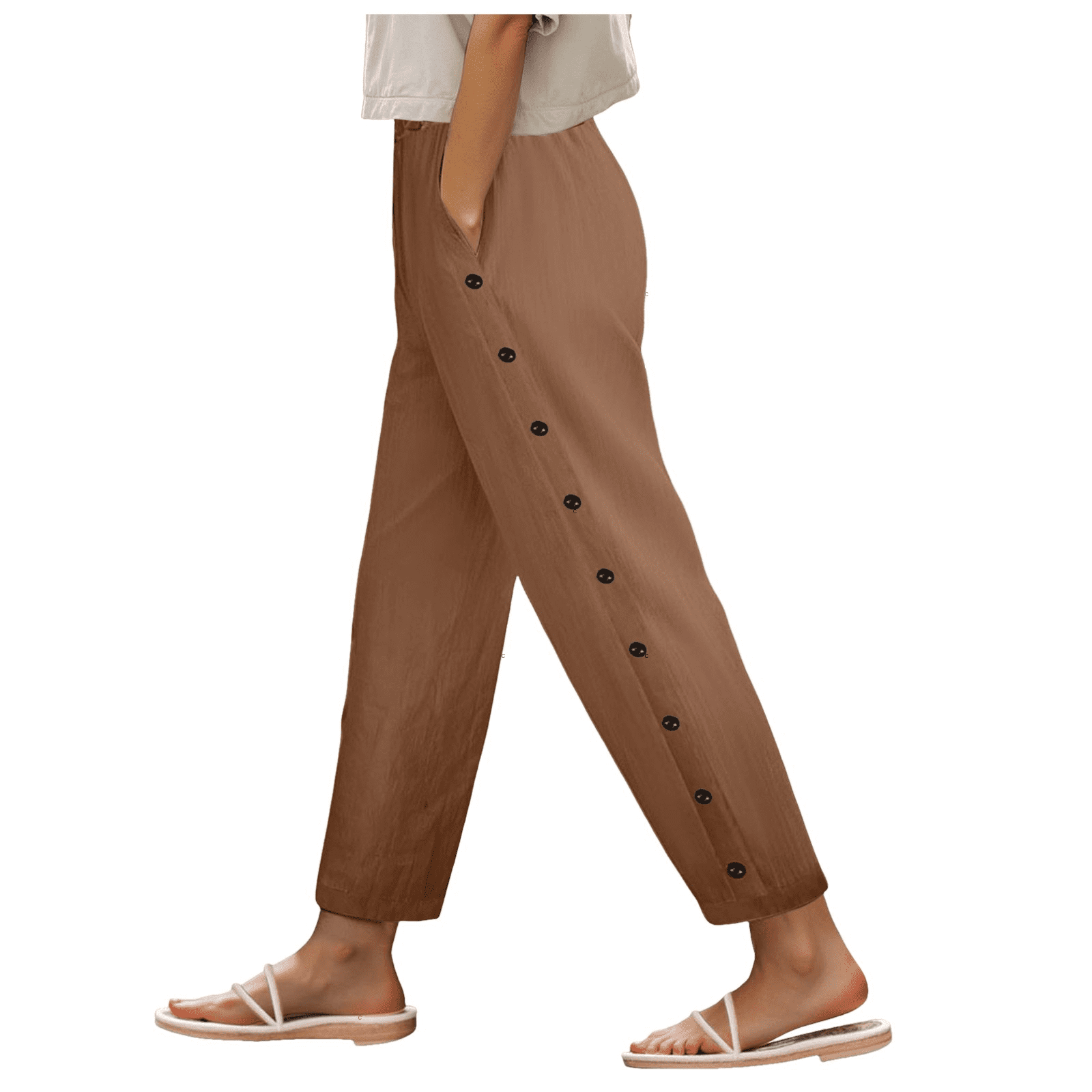 Fulorrnie Pants for Women Plus Size Cropped Button Trousers Stretchable ...