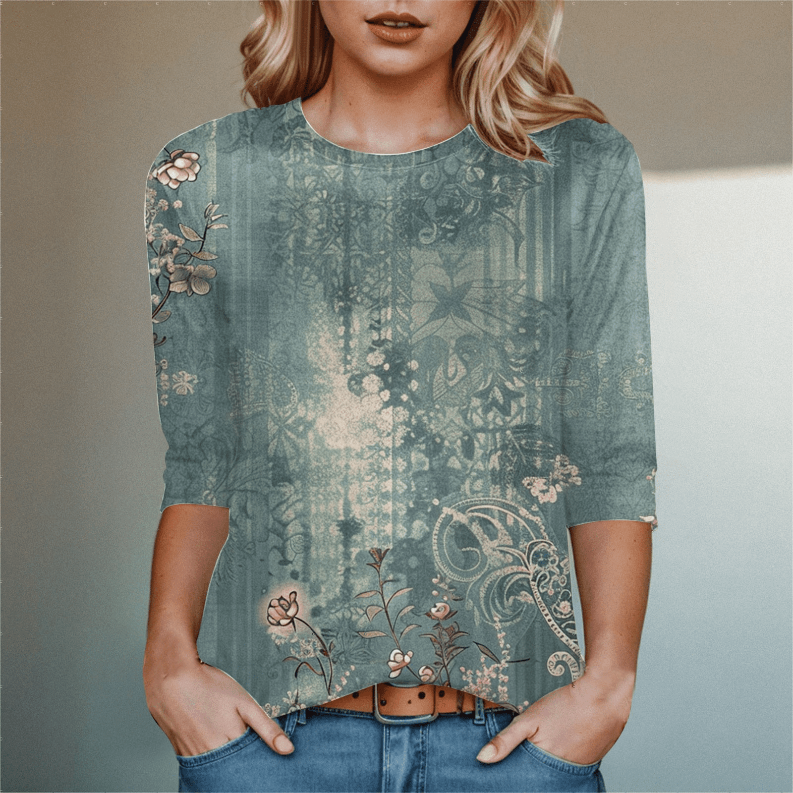 Fulorrnie T Shirts for Women 3/4 Sleeve Crew Neck Plus Size Classic ...