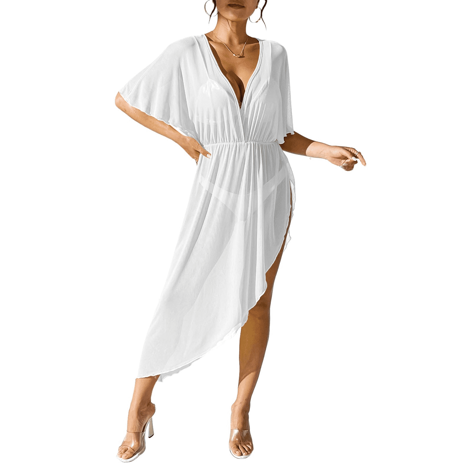 Fulorrnie Women's Beach Cover Up Polyester Deep V Neck Batwing Sleeve ...