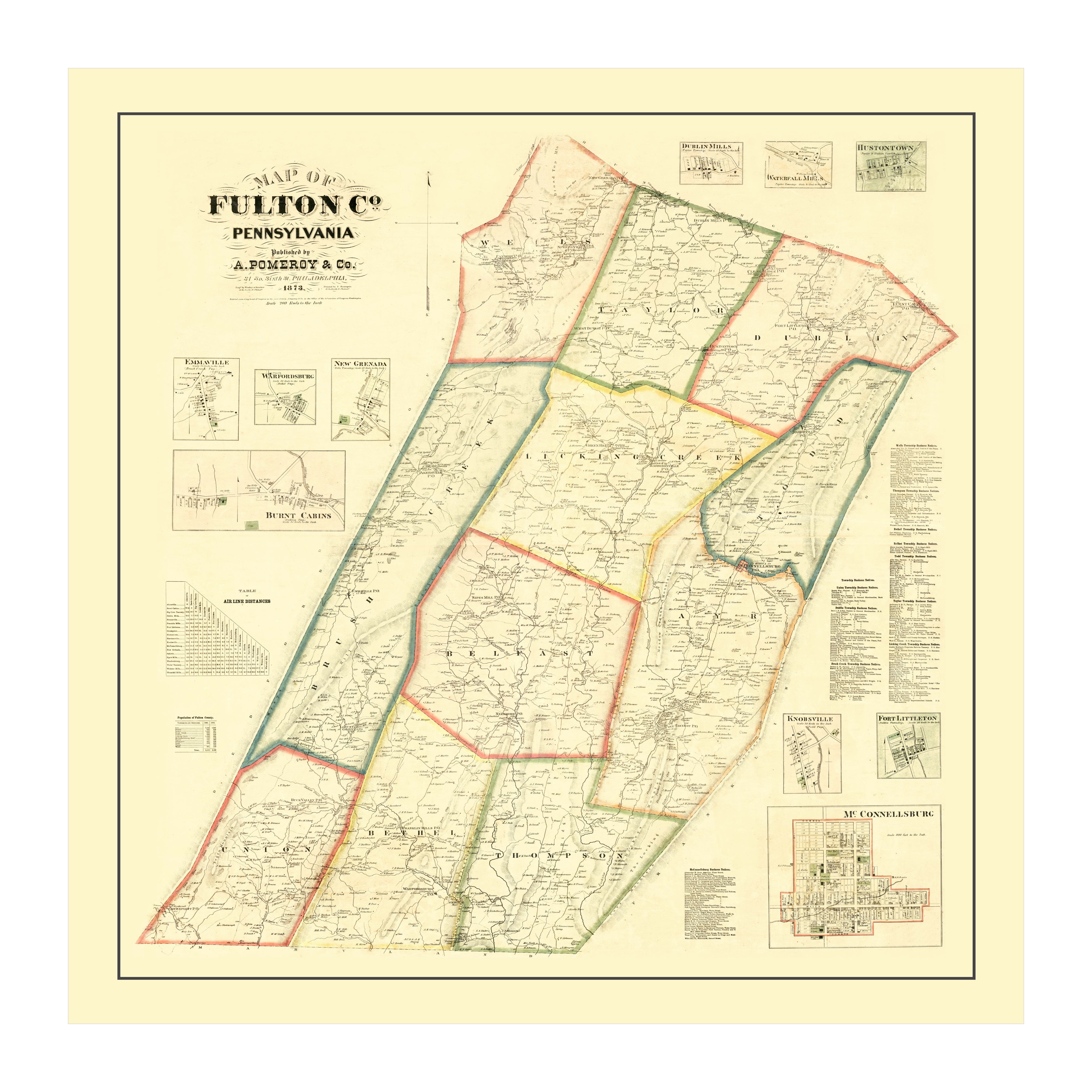 Fulton County Pennsylvania Art, 1873 Vintage Map of Fulton County PA ...