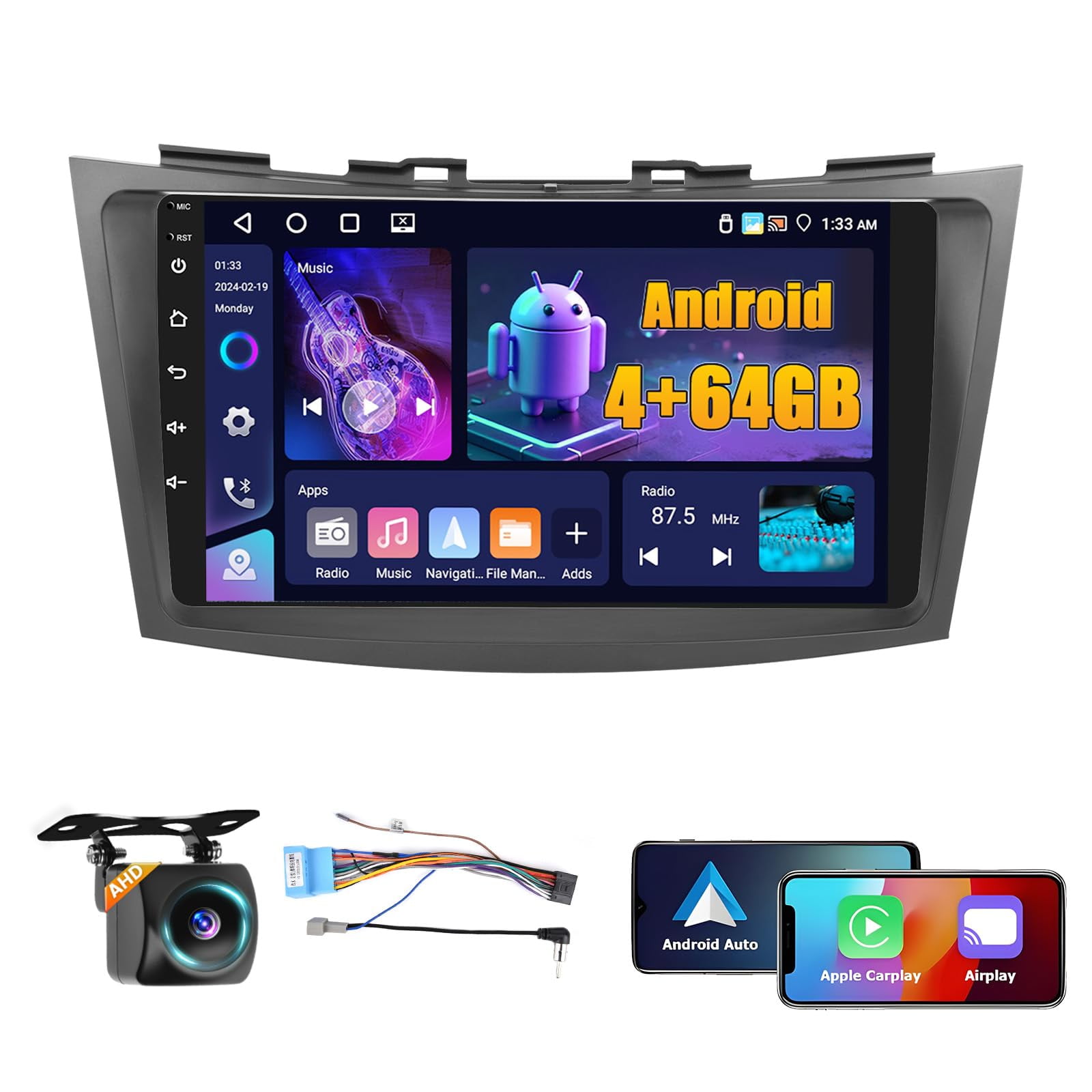 Fuluku 4+64GB Android 15 Car Stereo for Suzuki Swift 2011-2017 Wireless Carplay Android Auto 9 ...
