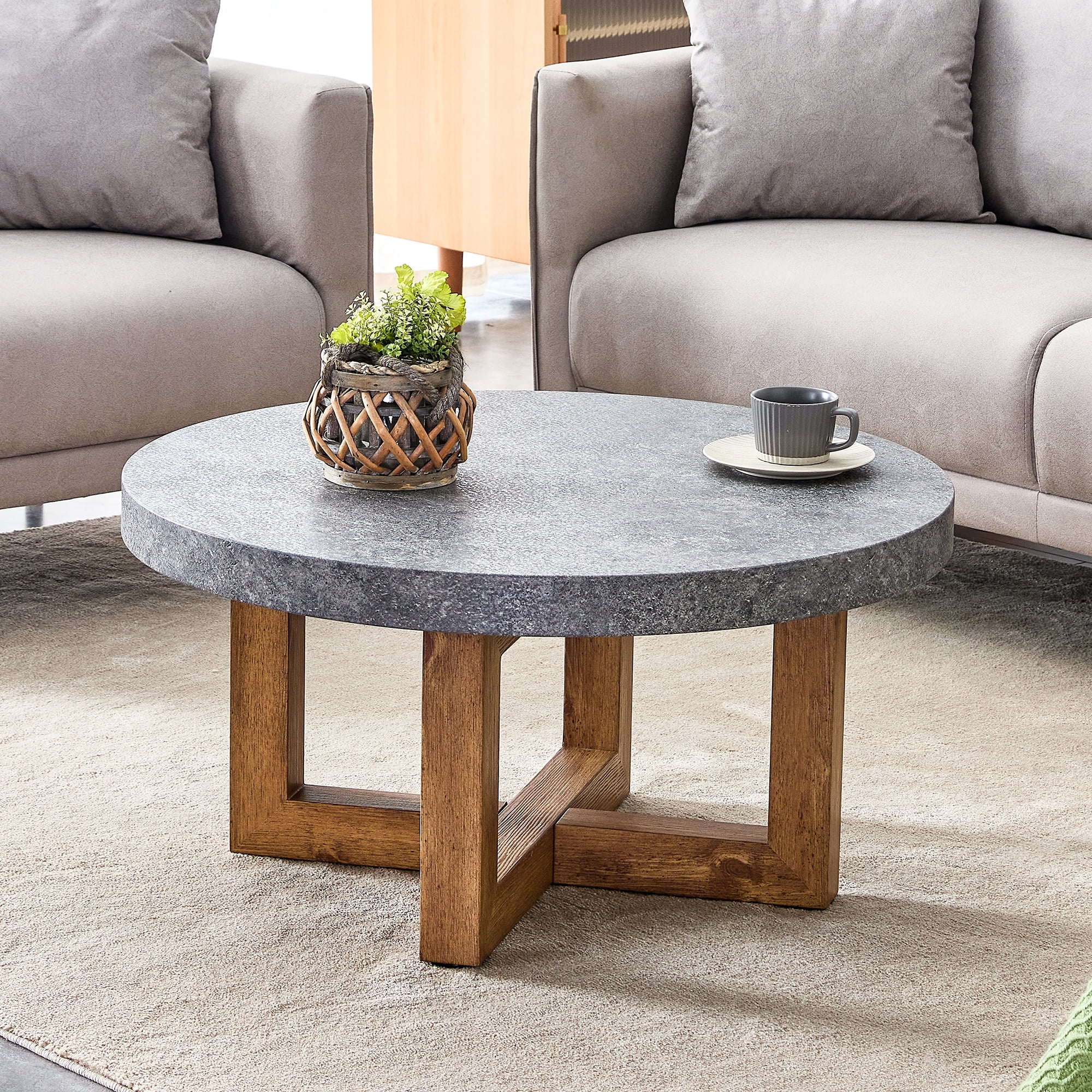 Fulvari 31.4in Round Retro Aesthetic Coffee Table With Wooden Crossed ...