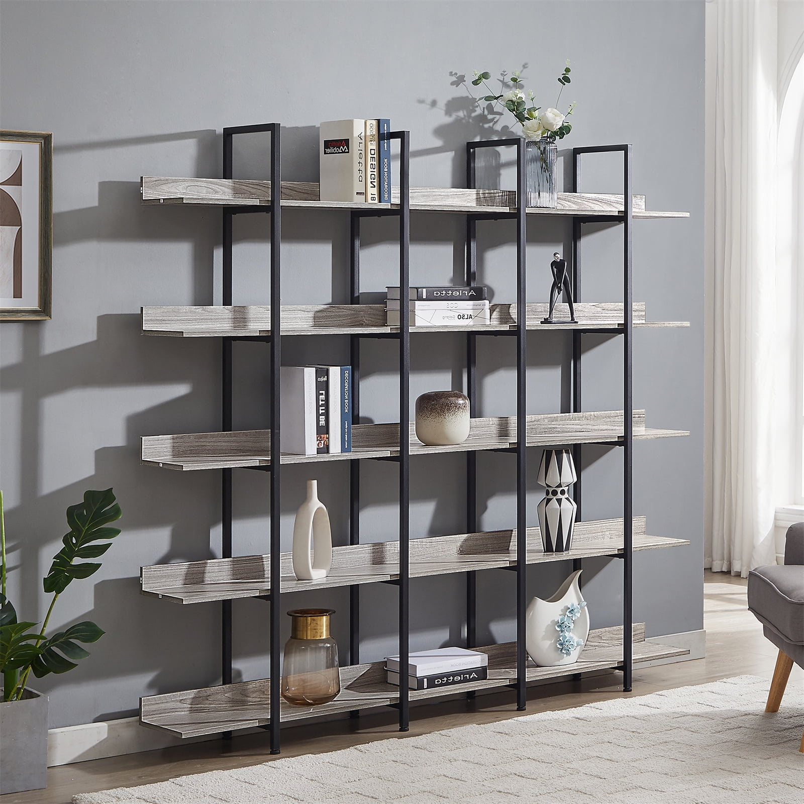 Fulvari 5-Tier Industrial Bookcase, Steel Frame, MDF Wood Shelves, Anti ...