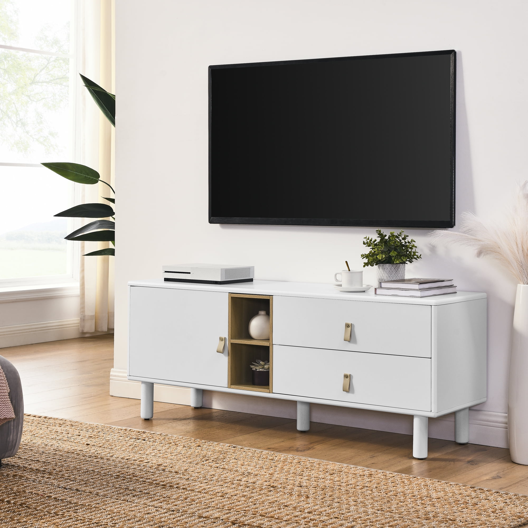 Fulvari Entertainment Center TV Stand With Solid Wood Round Legs ...