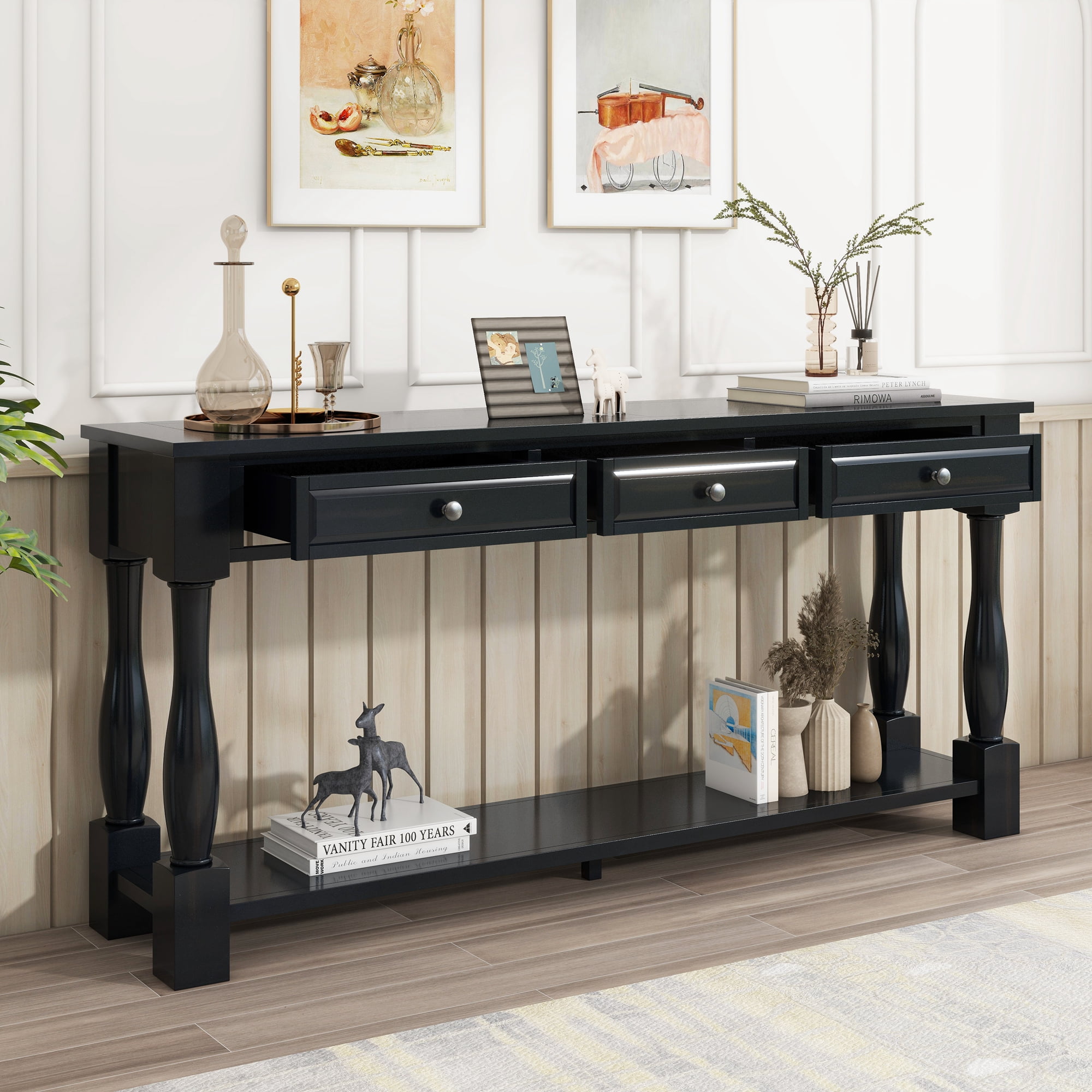 Fulvari Farmhouse 63" Long Console Table With Drawers & Bottom Open ...