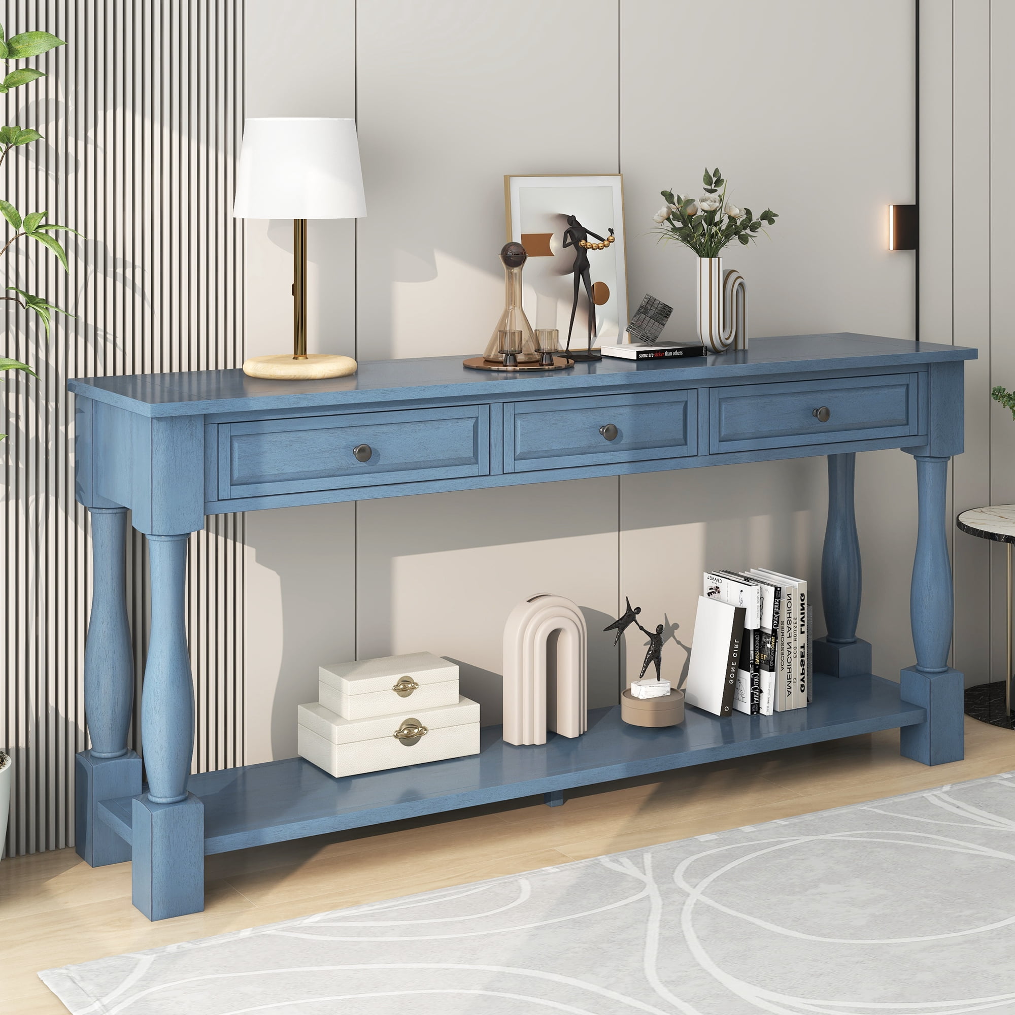 Fulvari Farmhouse 63" Long Console Table With Drawers & Bottom Open ...