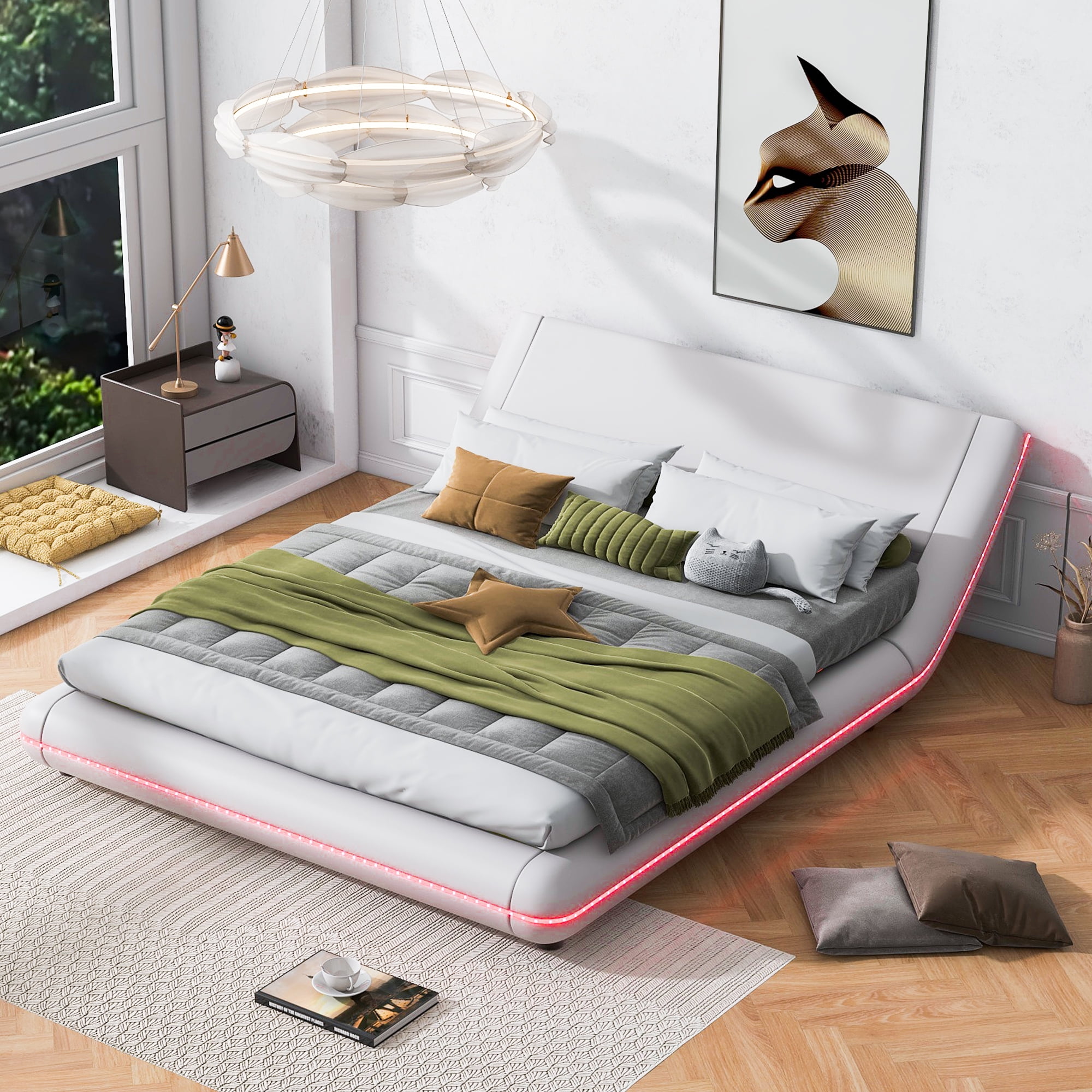 Fulvari Full Size/Queen Size Bed Frame With Sloped Headboard LED Light ...