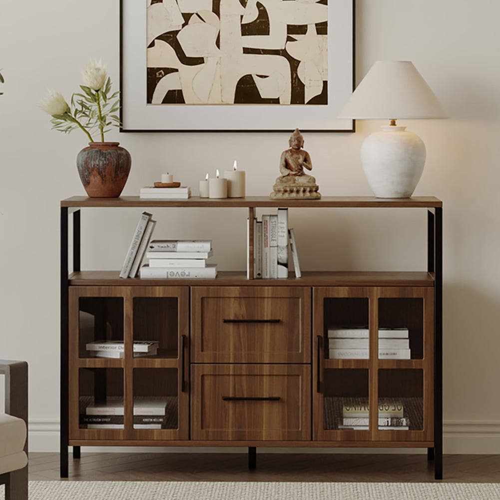Fulvari Living Room Storage Cabinet With 2 Drawers, Open Shelves ...