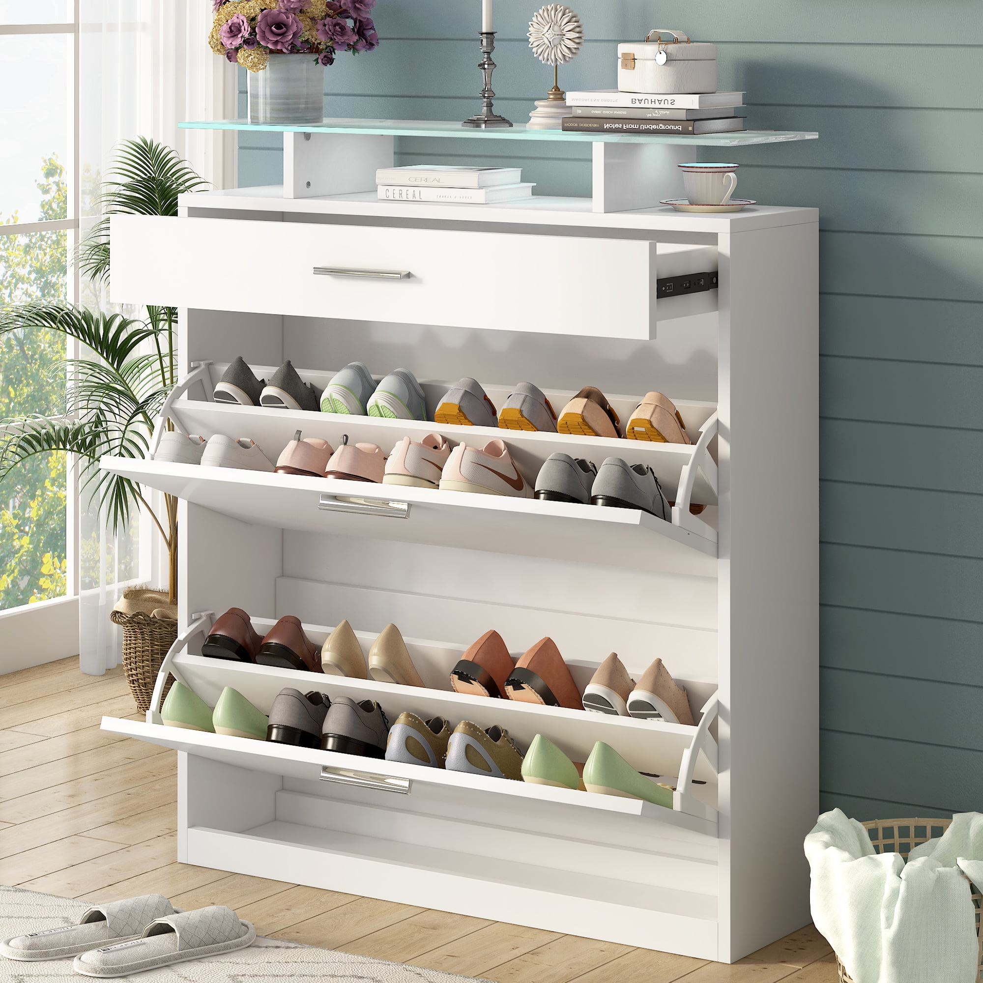 Fulvari Shoe Storage Cabinet With 2 Flip Drawers and Tempered Glass Top ...