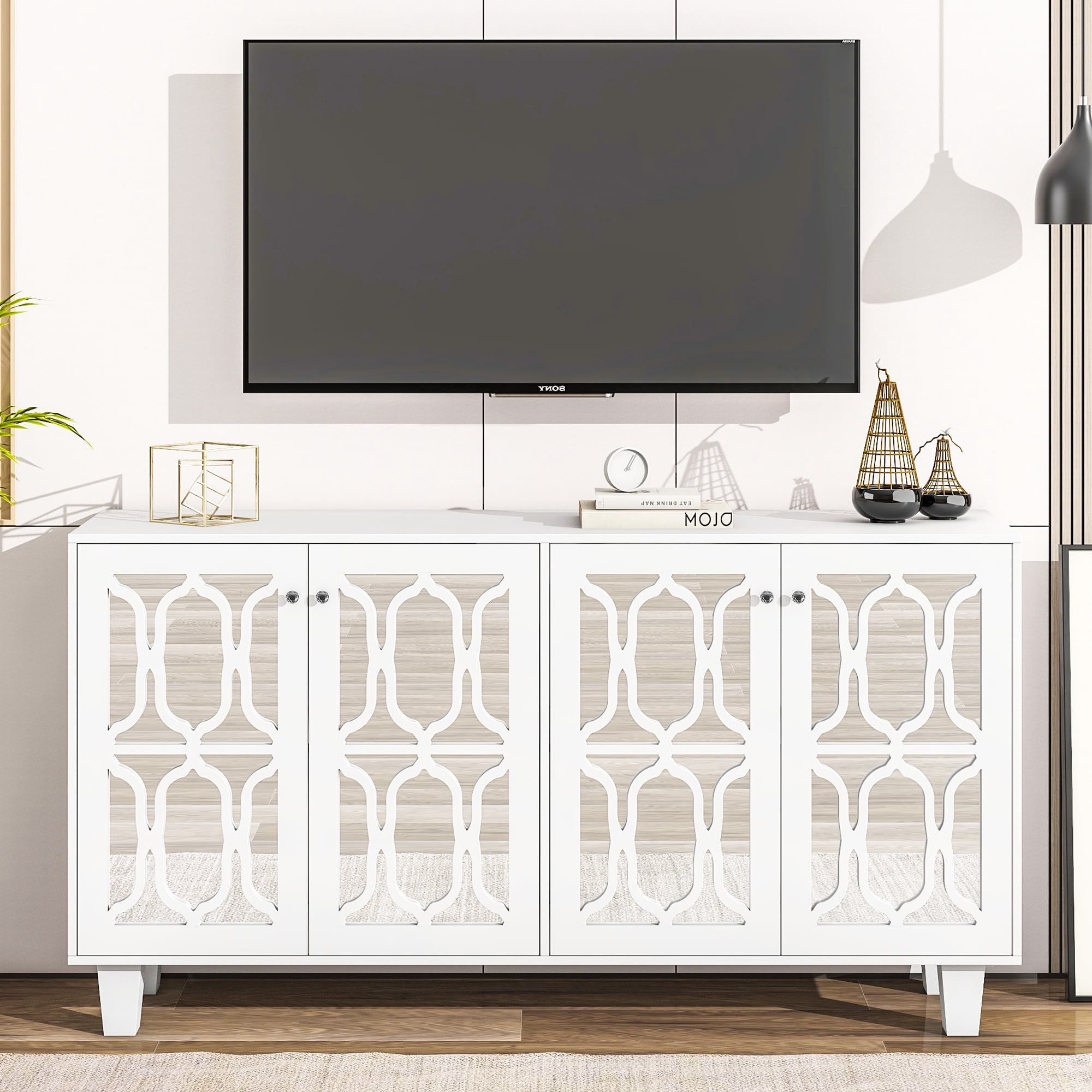Fulvari TV Stand Buffet Cabinet with Adjustable Shelves, 4-door Mirror ...