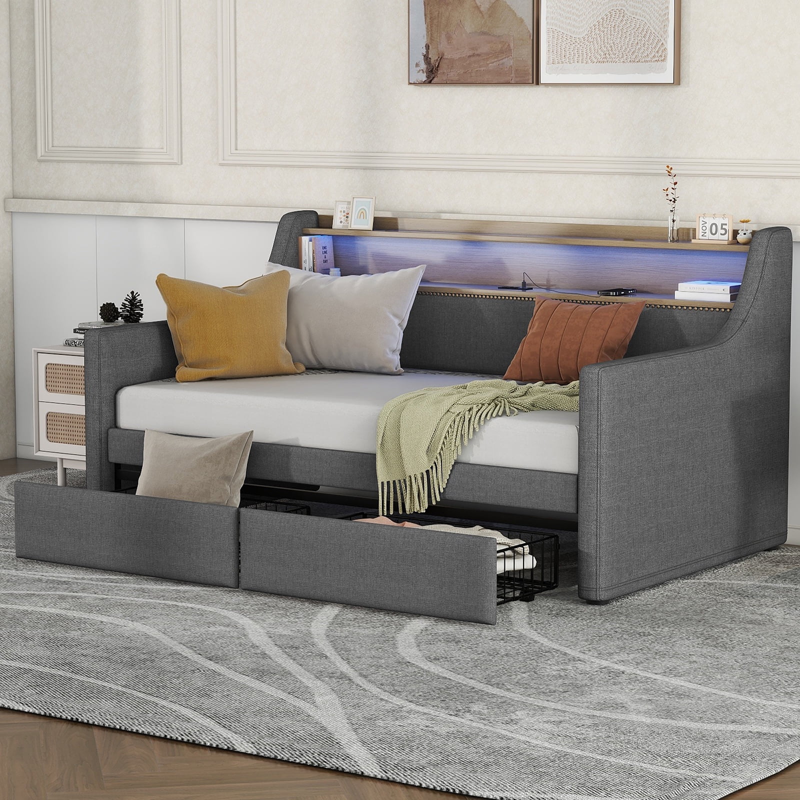 Fulvari Upholstered Twin Size Daybed with Storage Headboard and 2 ...