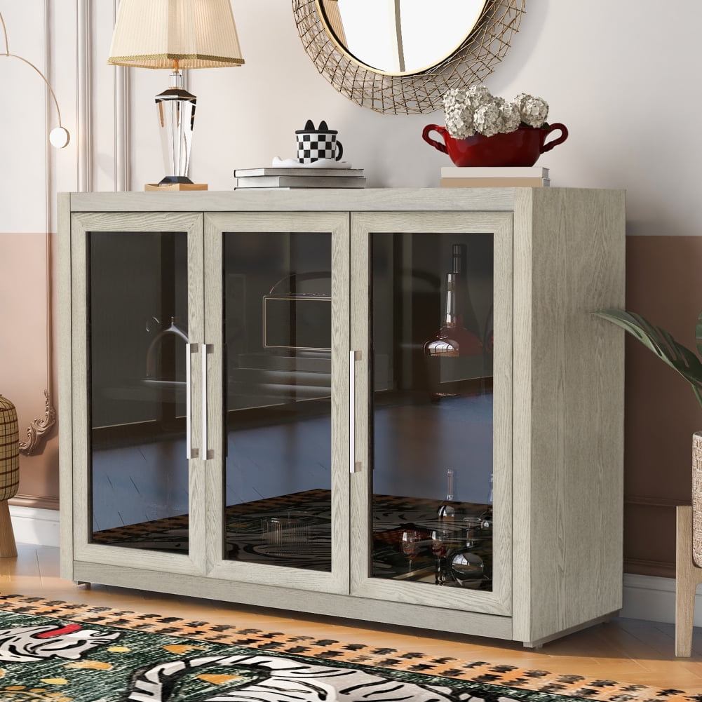 Fulvari Wood Storage Cabinet With 3 Tempered Glass Doors & Adjustable ...