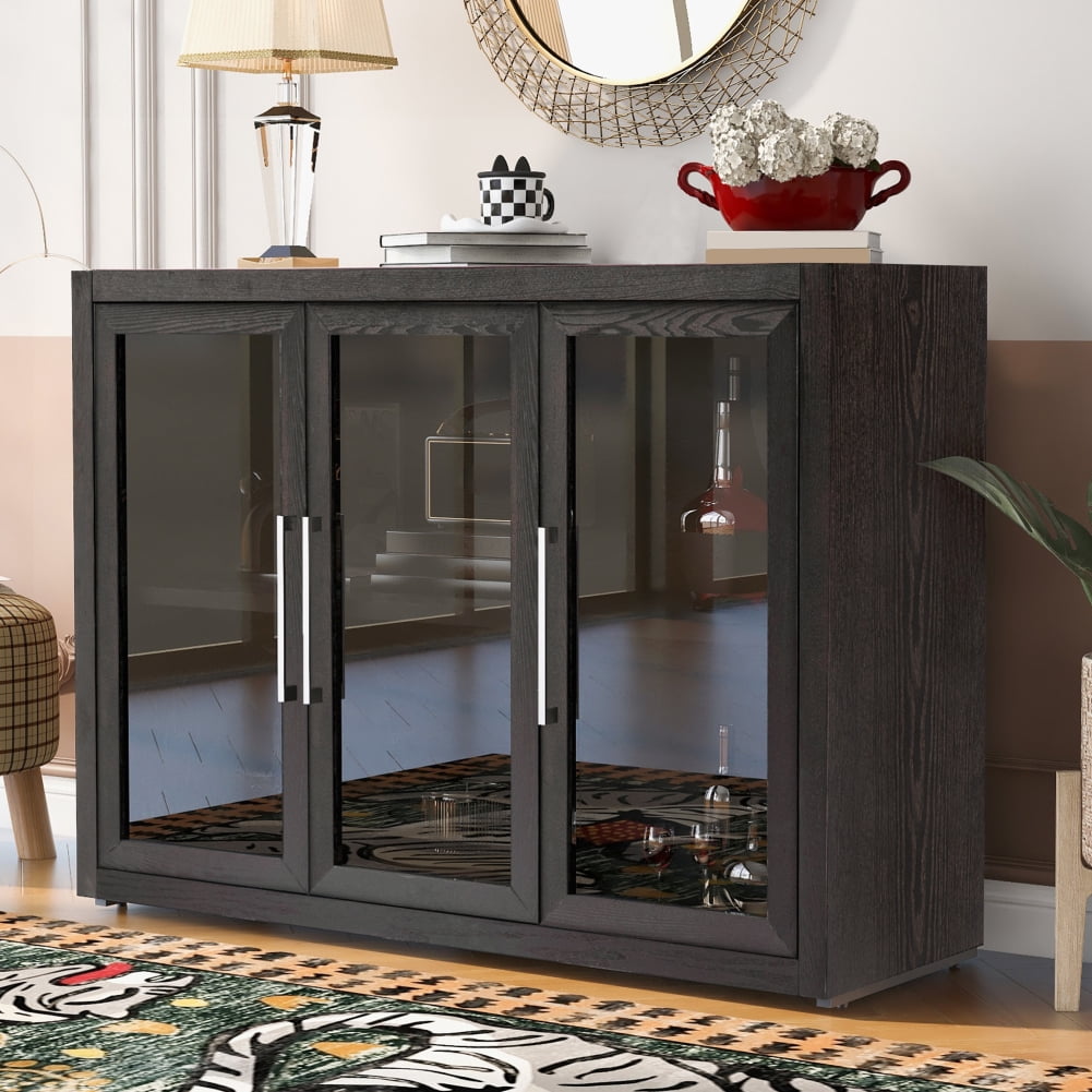 Fulvari Wood Storage Cabinet With 3 Tempered Glass Doors & Adjustable ...