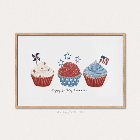 Fun 4Th Of July Cupcakes Art Poster Red Blue White Summer Wall Decor ...