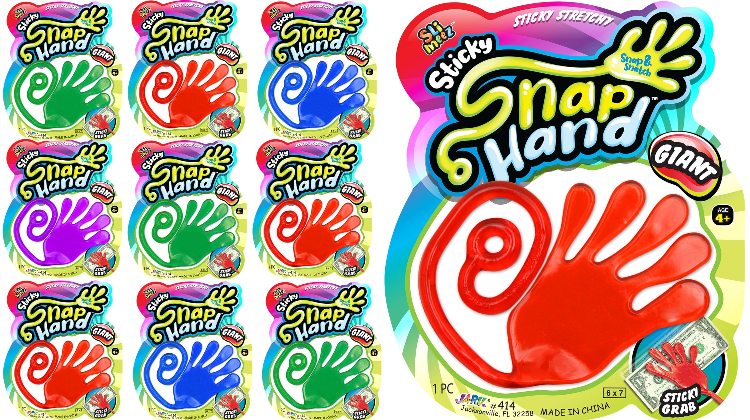 JA-RU Jumbo Giant Sticky Hand (8 Assorted) Stretchy Snap Toys Party ...